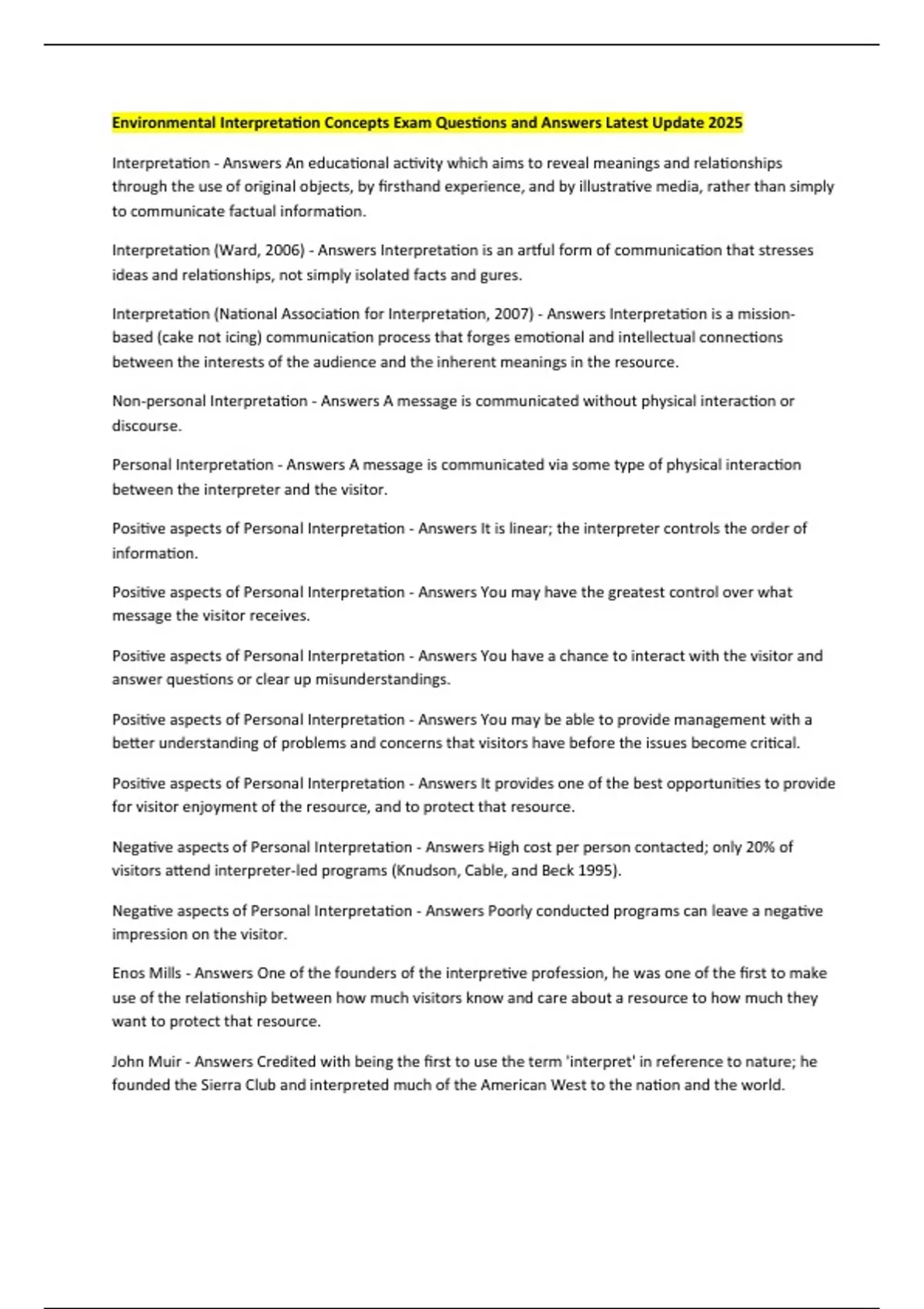 Environmental Interpretation Concepts Exam Questions and Answers Latest ...