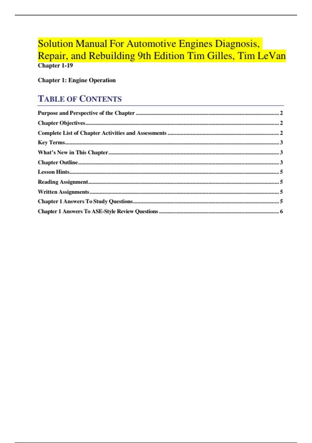 Solution Manual For Automotive Engines Diagnosis, Repair, and Rebuilding 9th Edition Tim Gilles ...