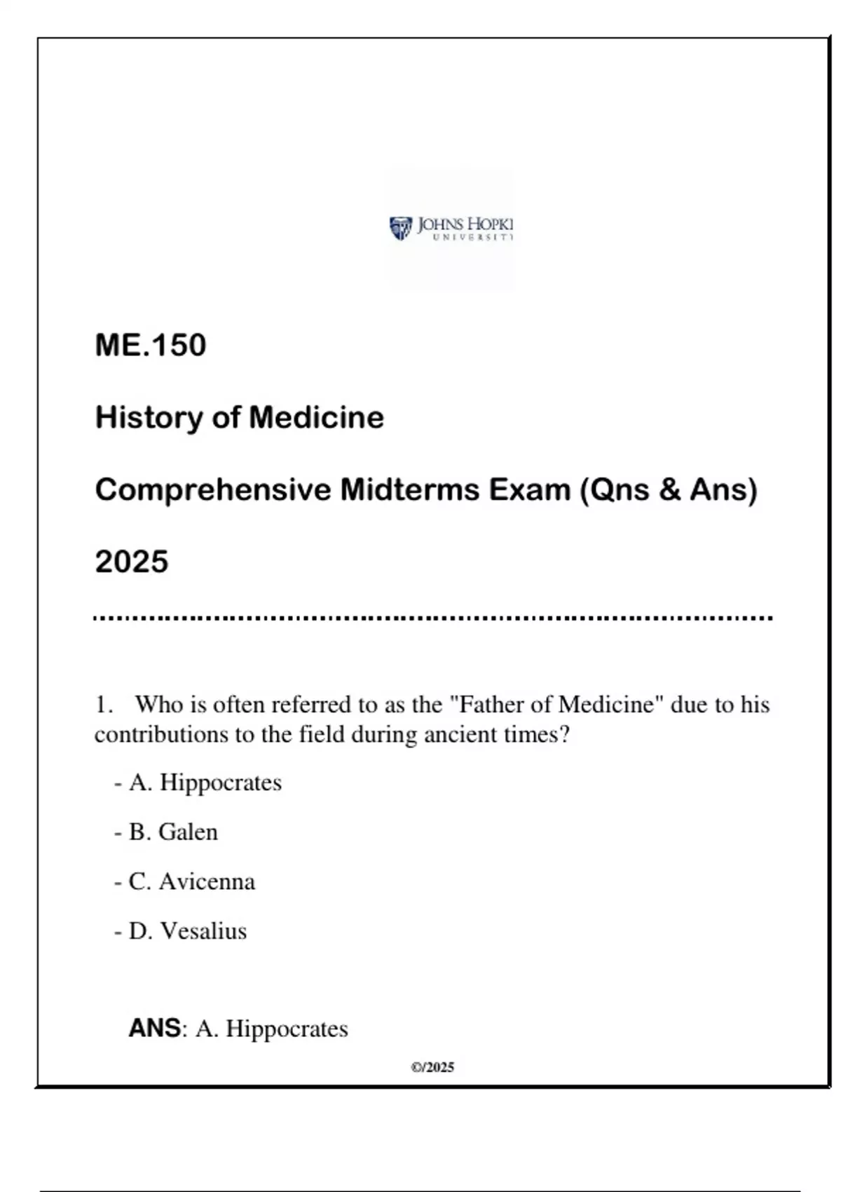 ME.150 (History of Medicine) Midterms Exam Review (Qns & Ans) 2025 - Medical-Surgical Nursing ...