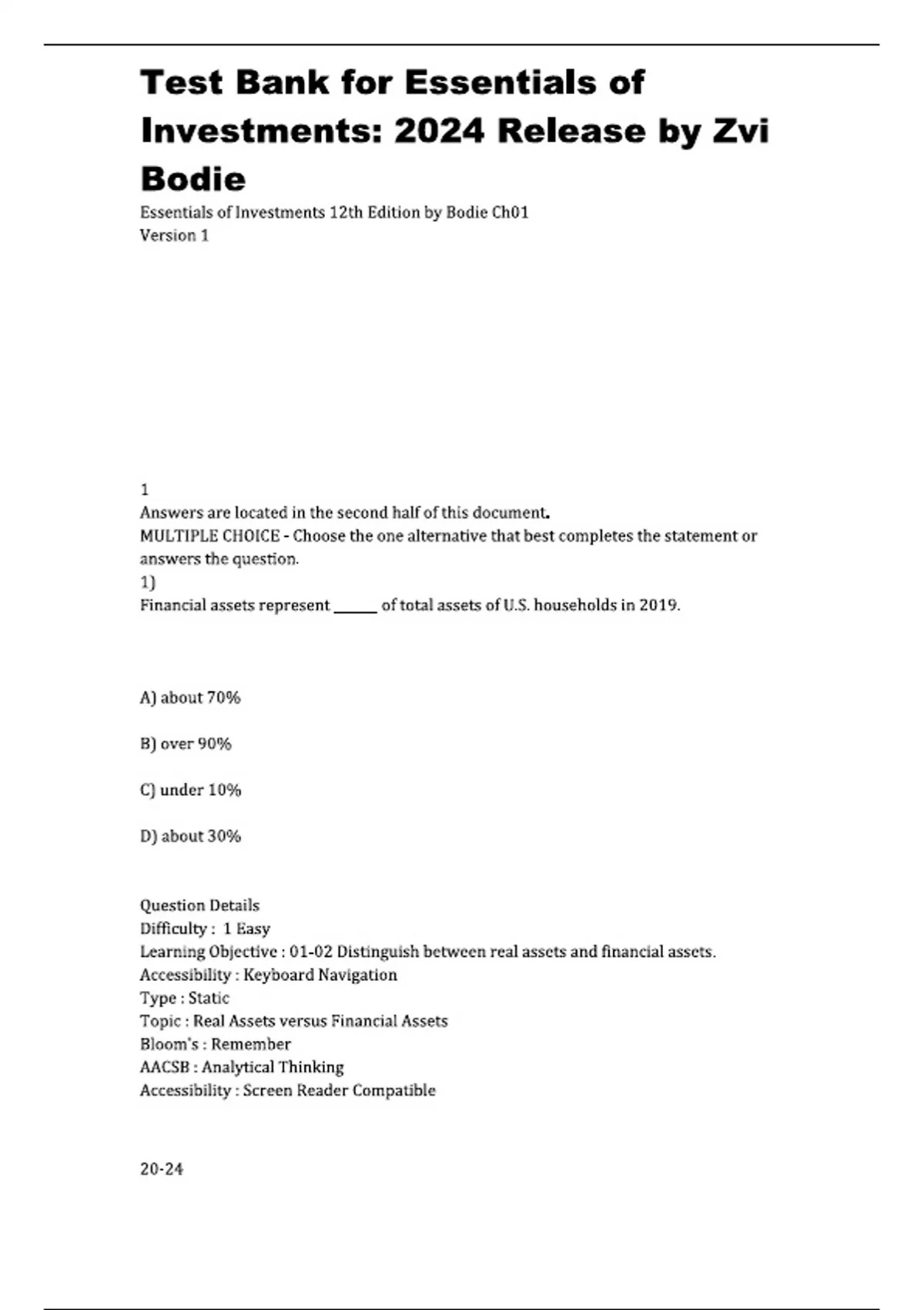 Test Bank for Essentials of Investments 12th Edition by Zvi Bodie (2025 ...