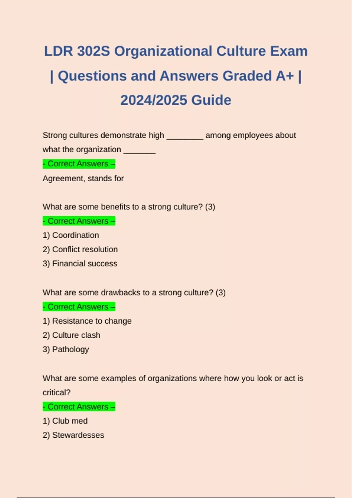 LDR 302S Organizational Culture Exam | Questions and Answers Graded A+ ...