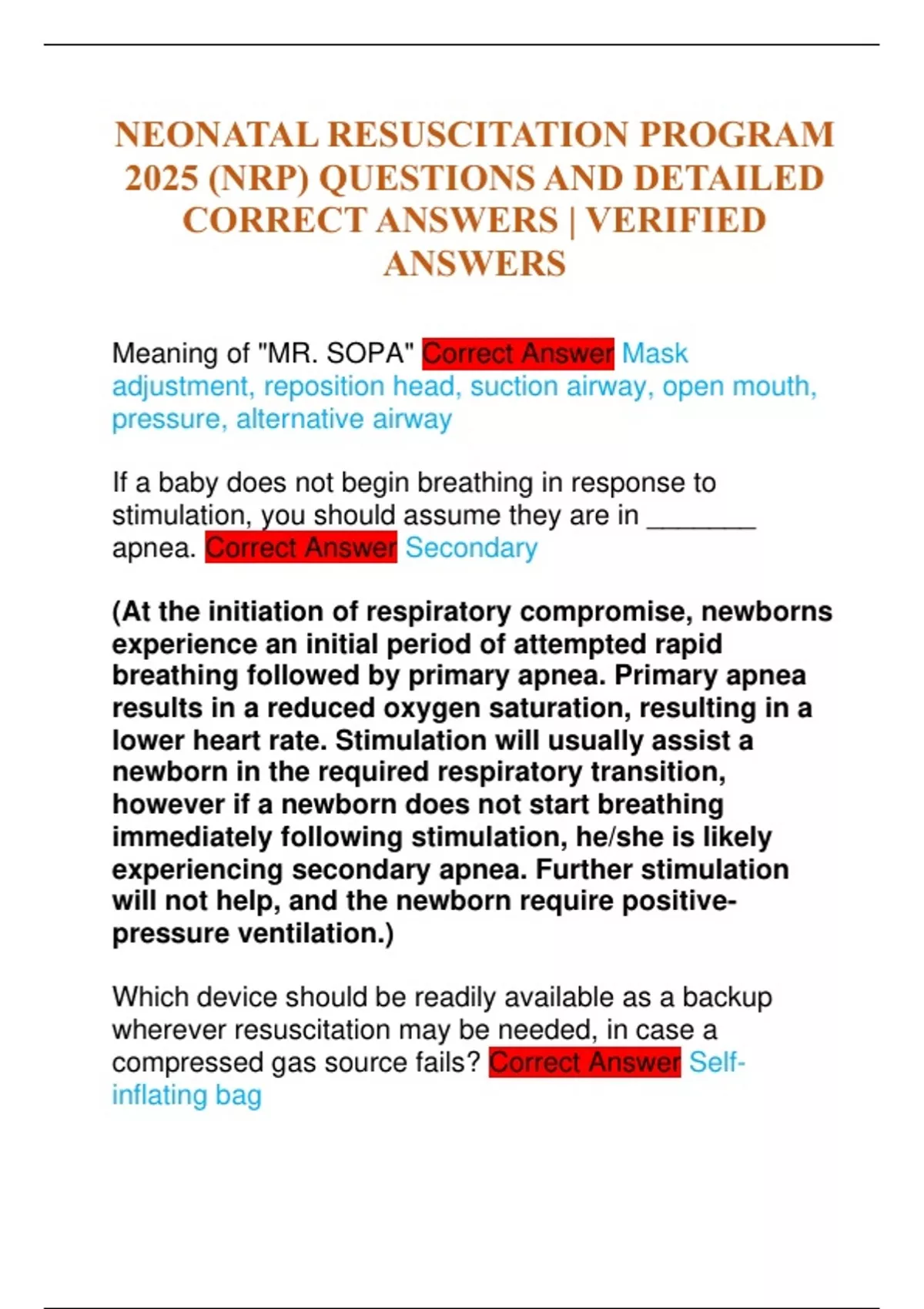 NEONATAL RESUSCITATION PROGRAM 2025 (NRP) QUESTIONS AND DETAILED CORRECT ANSWERS | VERIFIED ...