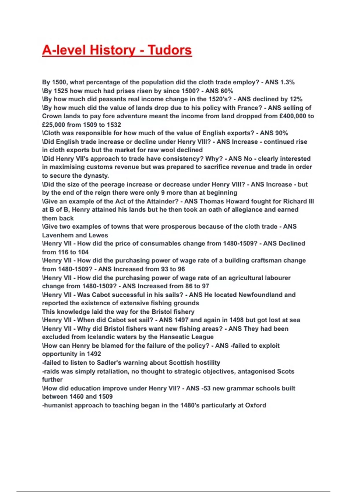 A-level History - Tudors Exam 2025/2026 Questions With Completed ...