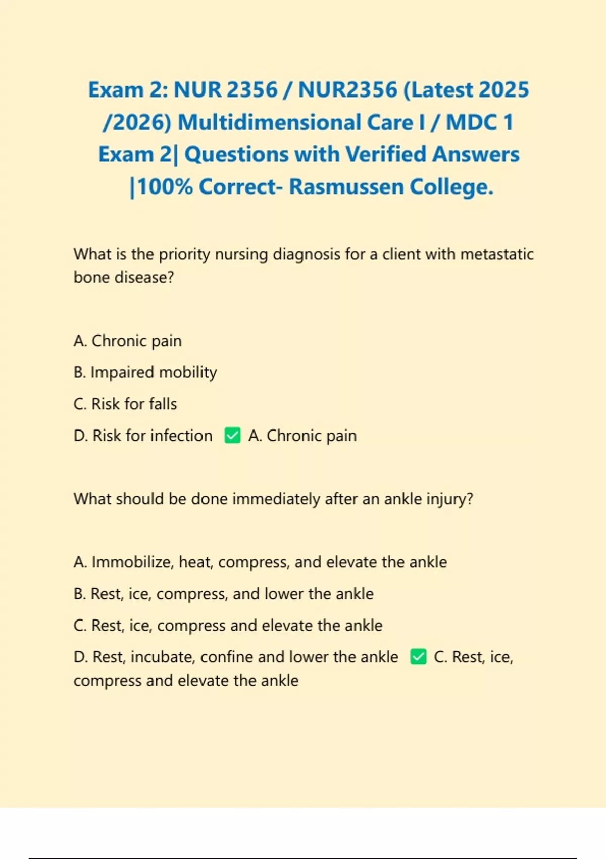 Exam 2 Nur 2356 Nur2356 Latest 2025 2026 Multidimensional Care I