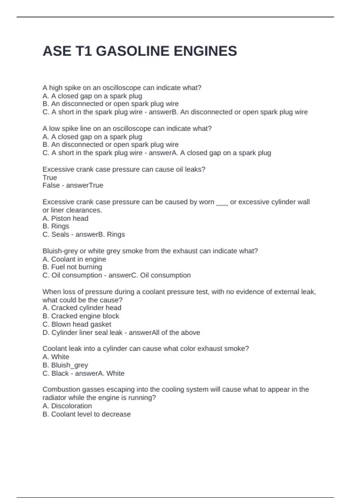 ASE T1 GASOLINE ENGINES QUESTIONS AND ANSWERS 100% CORRECT - ASE ...