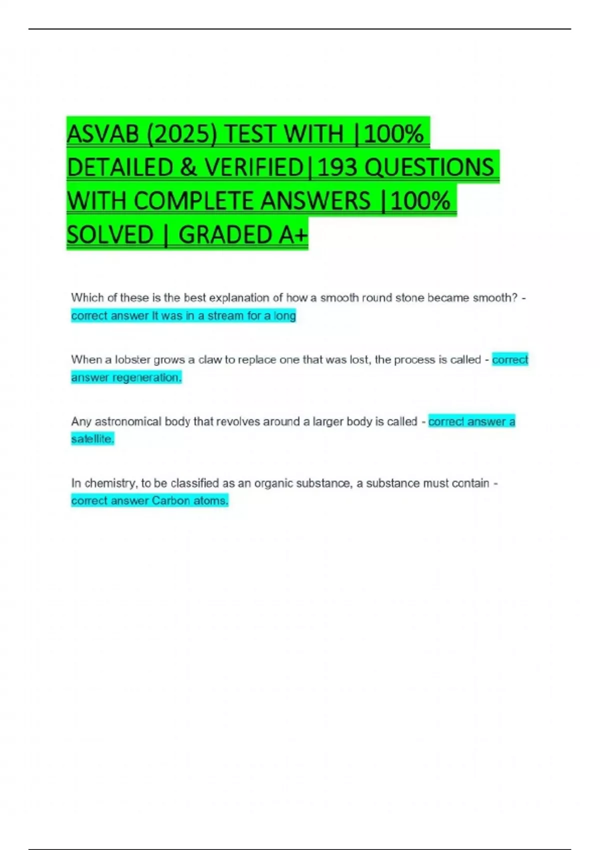 ASVAB (2025) TEST WITH |100% DETAILED & VERIFIED|193 QUESTIONS WITH ...