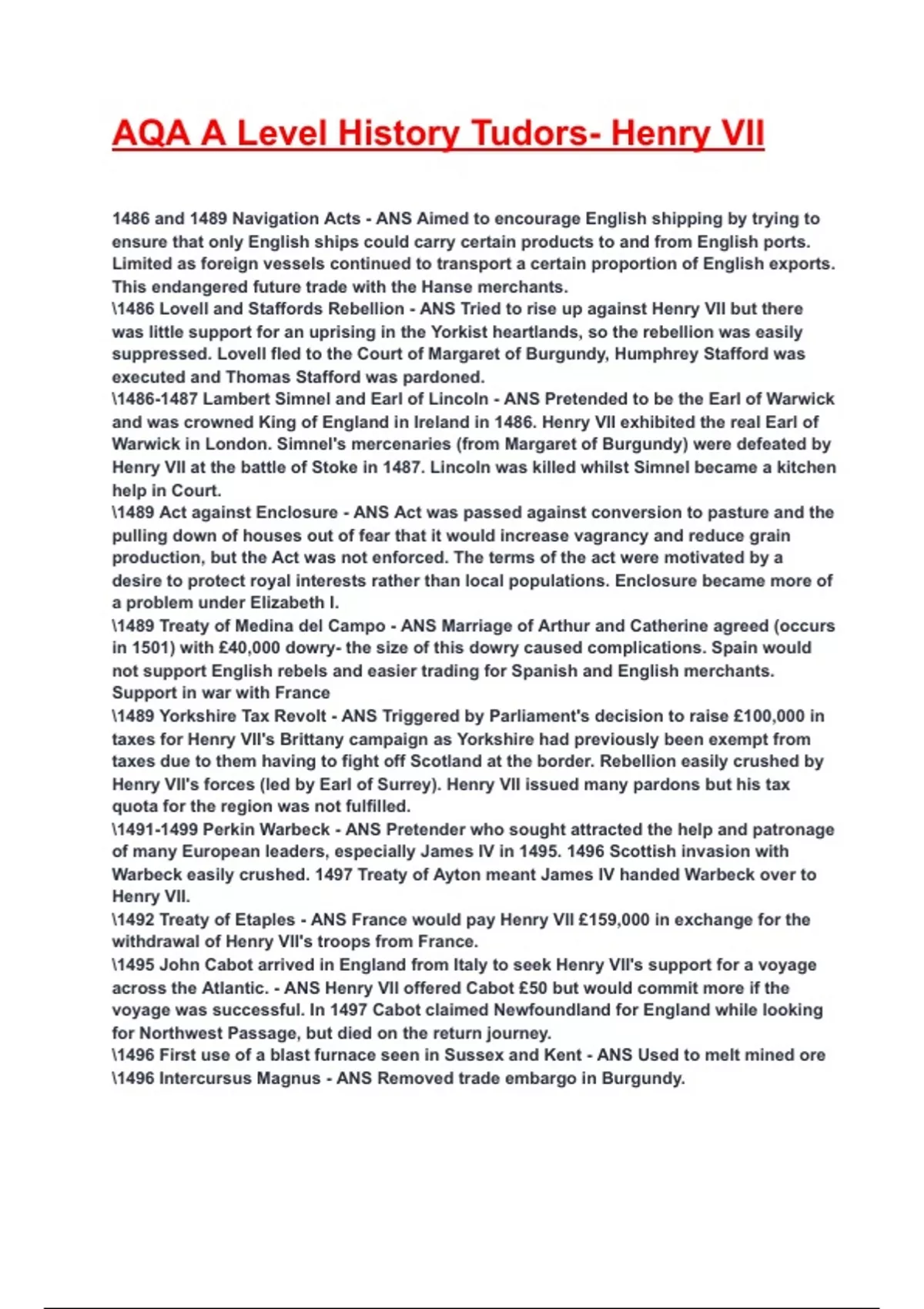 AQA A Level History Tudors- Henry VII Exam 2025/2026 Questions With ...