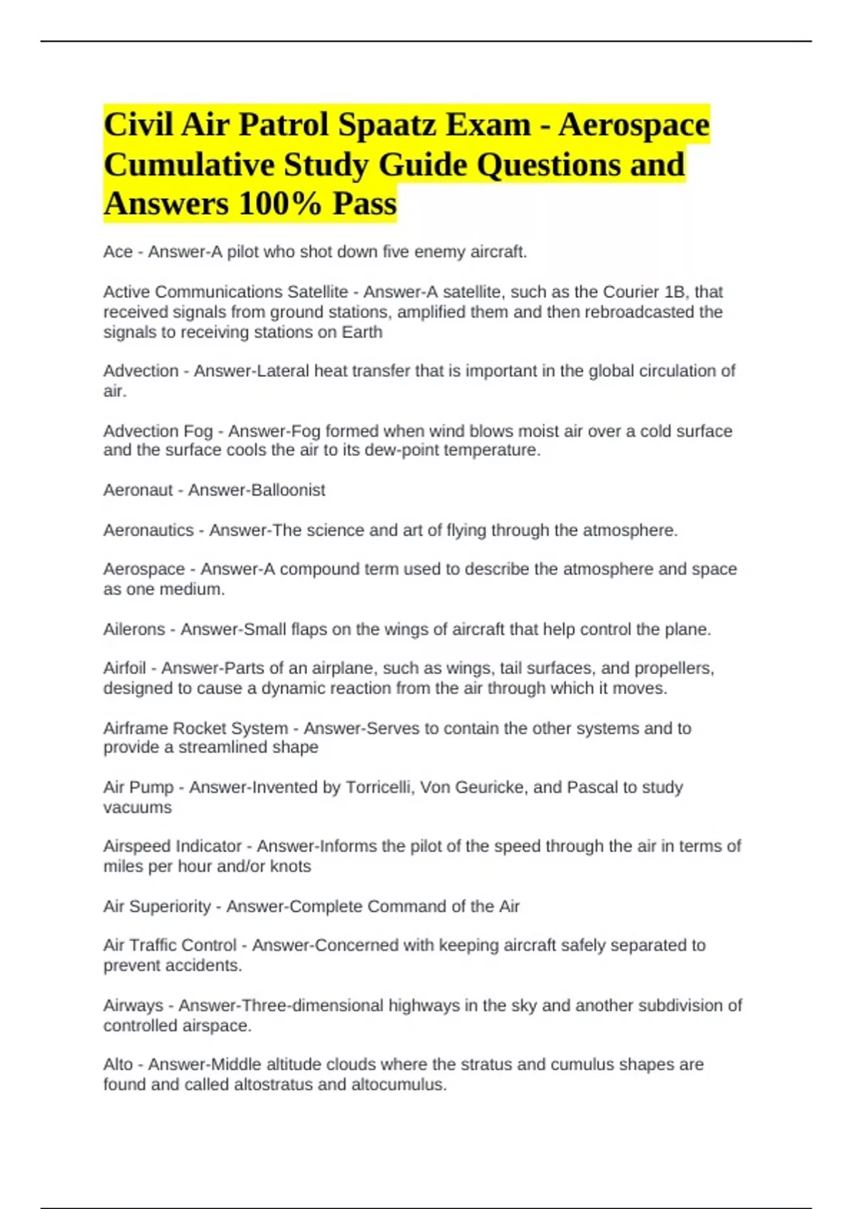 Civil Air Patrol Spaatz Exam - Aerospace Cumulative Study Guide Questions and Answers 100% Pass ...