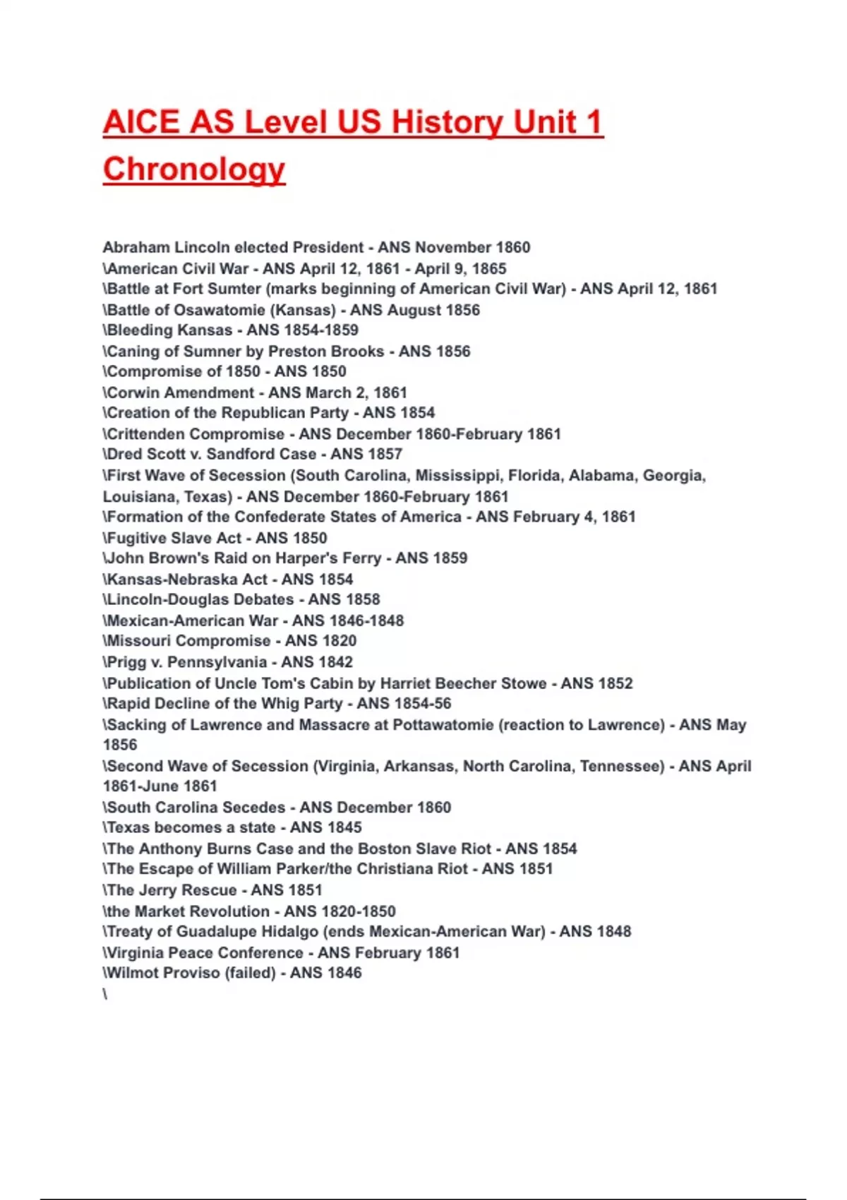 AICE AS Level US History Unit 1 Chronology Exam 2025/2026 Questions ...