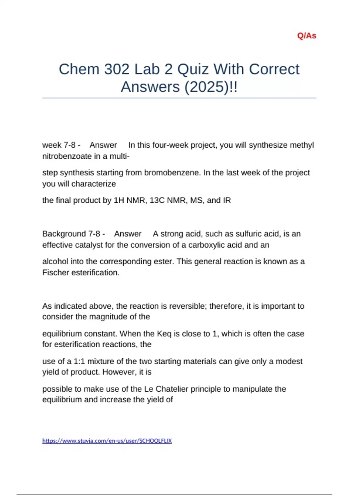 Chem 302 Lab 2 Quiz With Correct Answers (2025)!! - CHEM 302 - Stuvia US