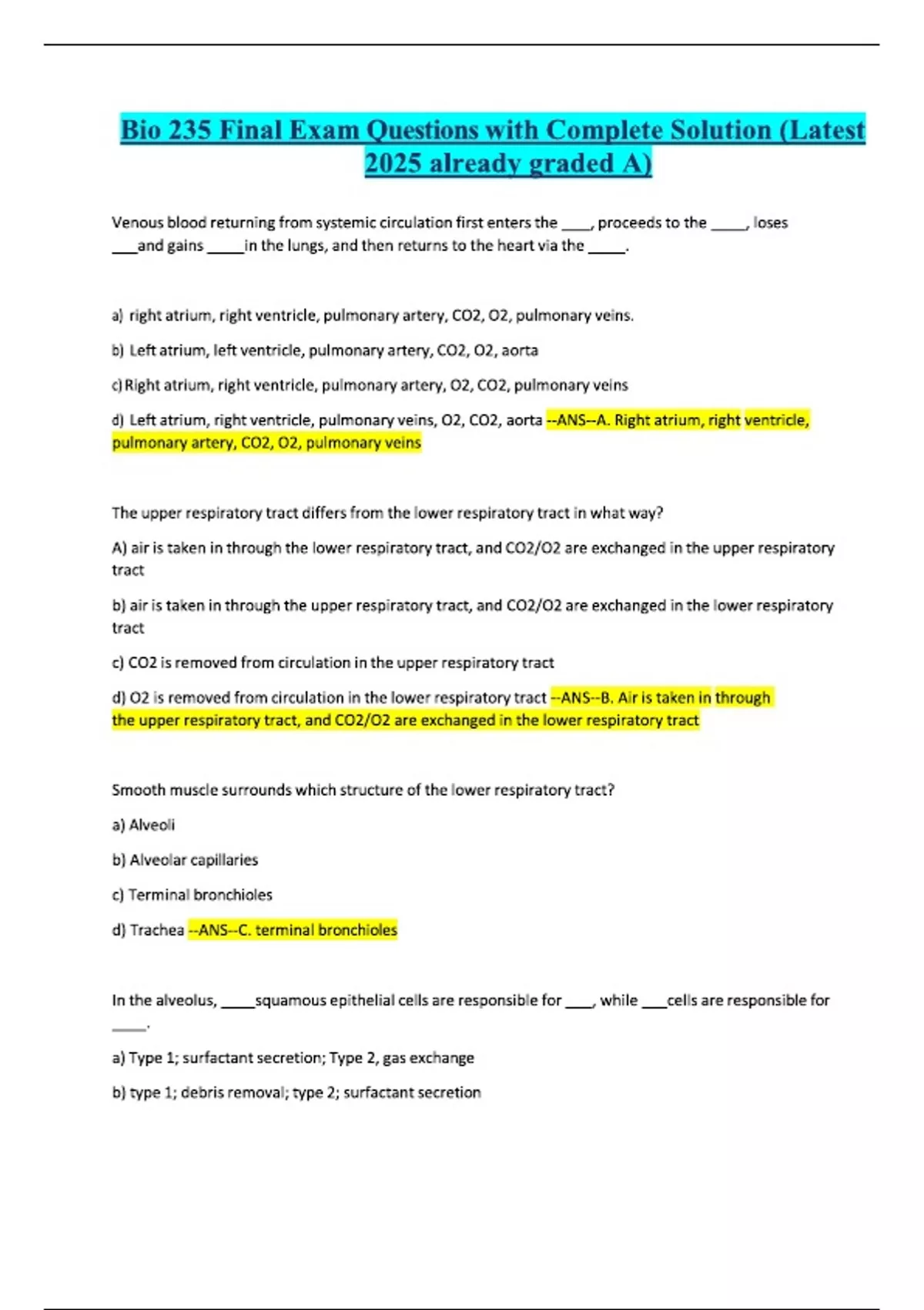 Bio 235 Final Exam Questions with Complete Solution (Latest 2025 ...