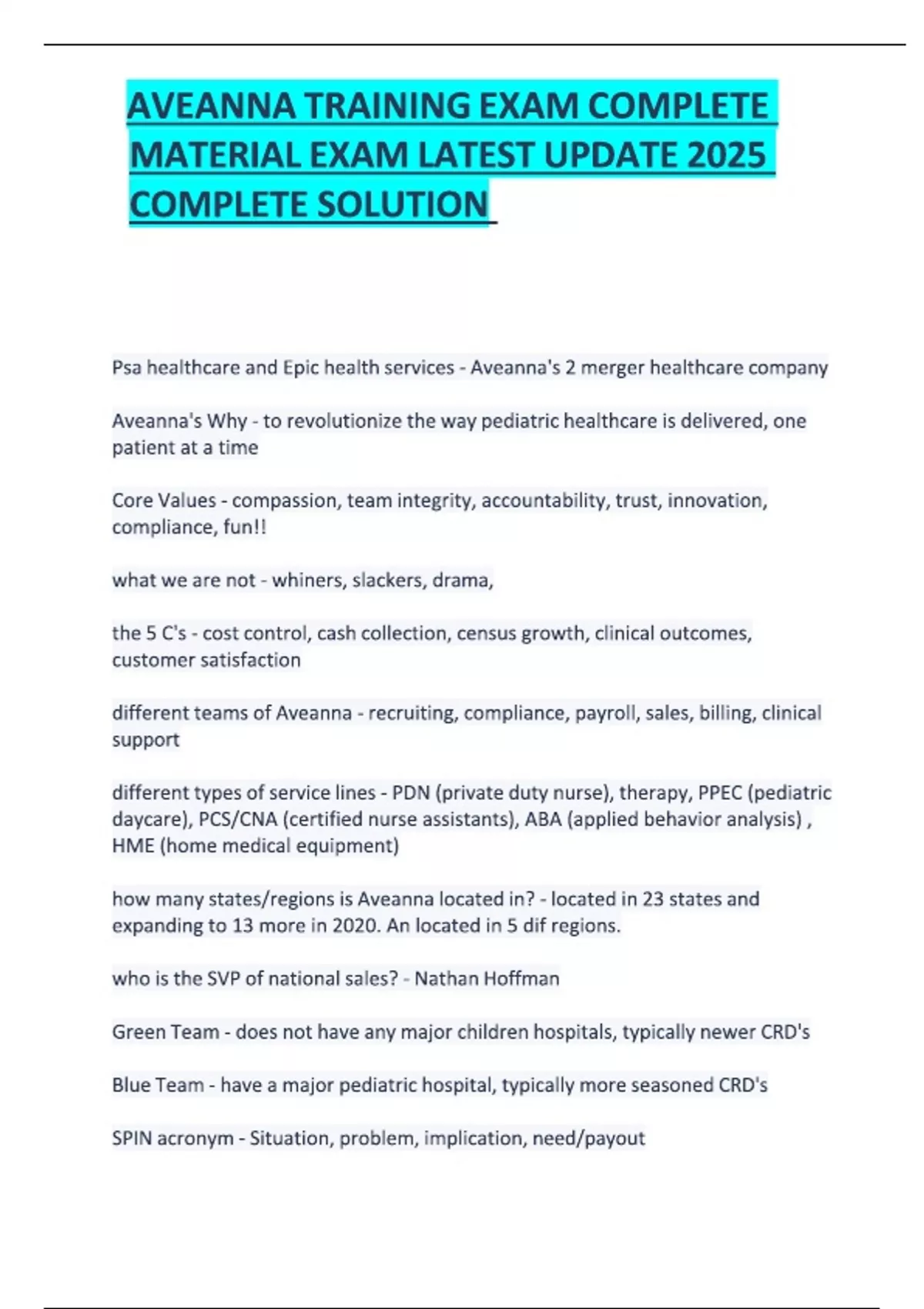 AVEANNA TRAINING EXAM COMPLETE MATERIAL EXAM LATEST UPDATE 2025 ...