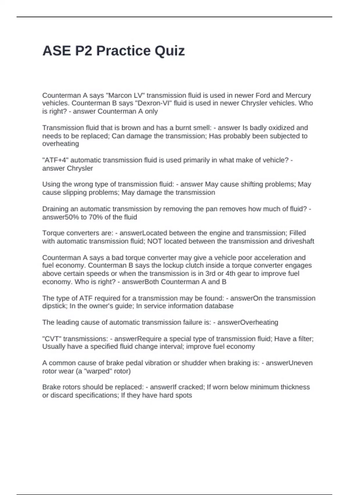 ASE P2 Practice Quiz Questions and Answers Correct - ASE - Stuvia US