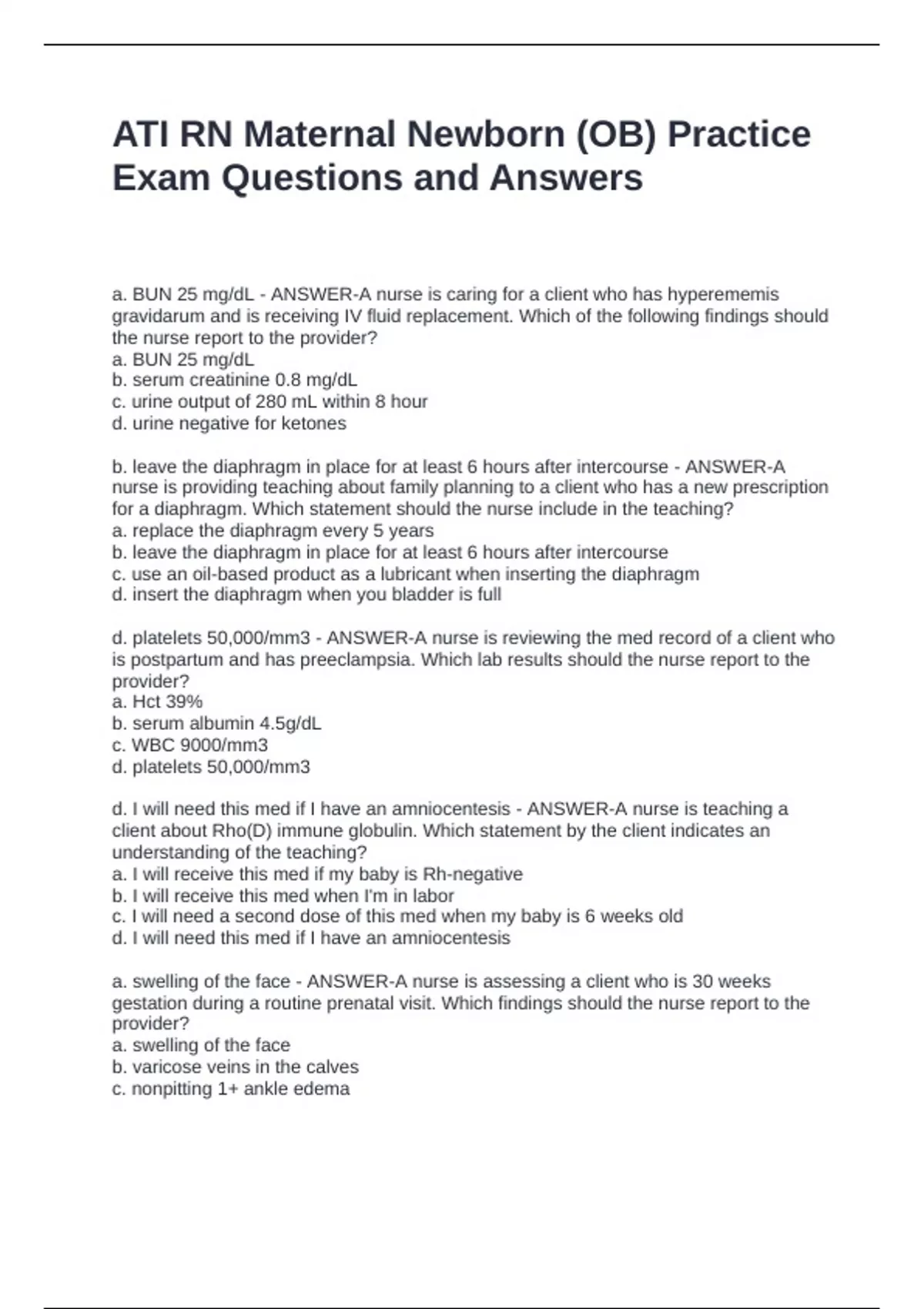 ATI RN Maternal Newborn (OB) Practice Exam Questions and Answers ...