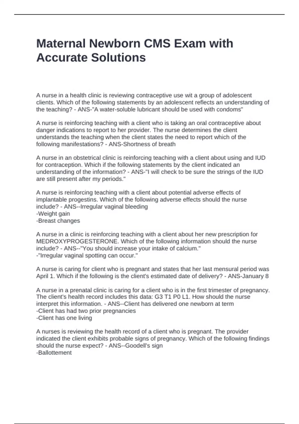 Maternal Newborn CMS Exam with Accurate Solutions - Maternal newborn ...