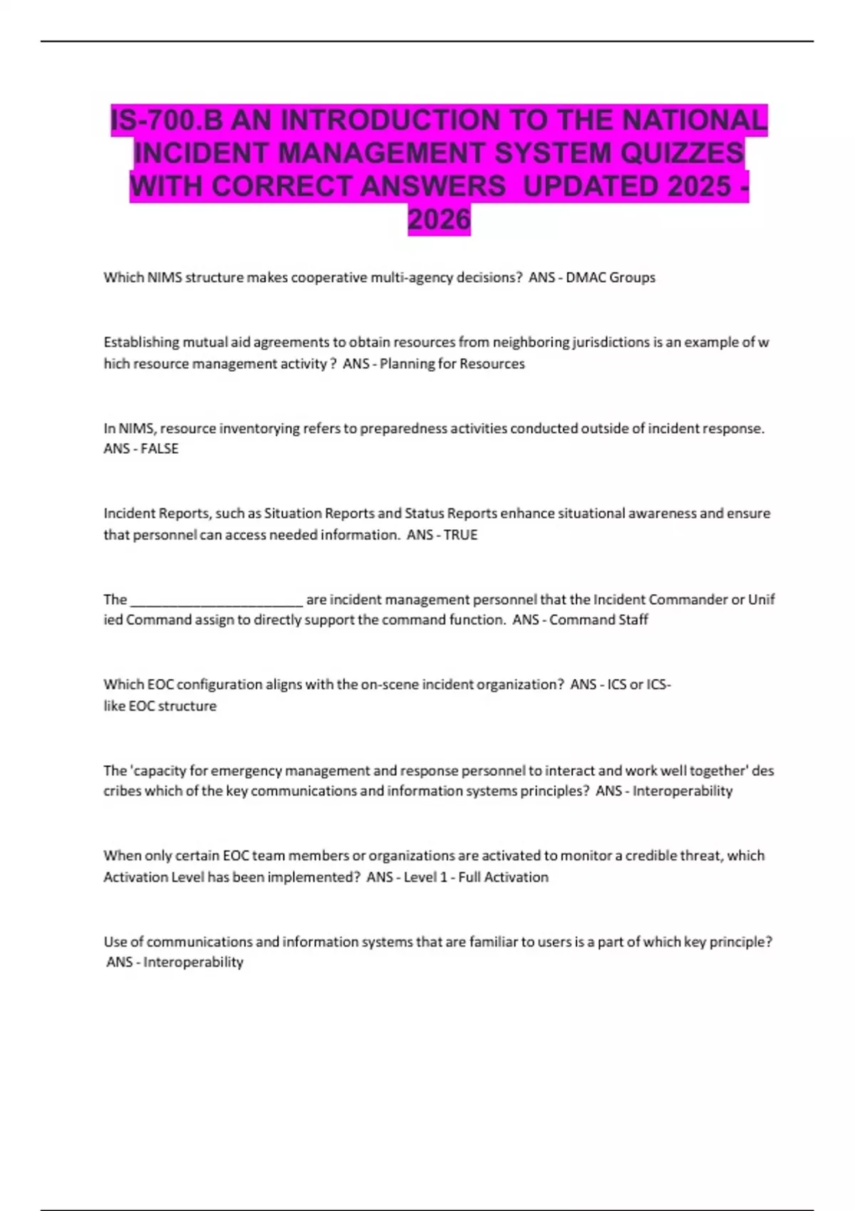 IS-700.B AN INTRODUCTION TO THE NATIONAL INCIDENT MANAGEMENT SYSTEM ...