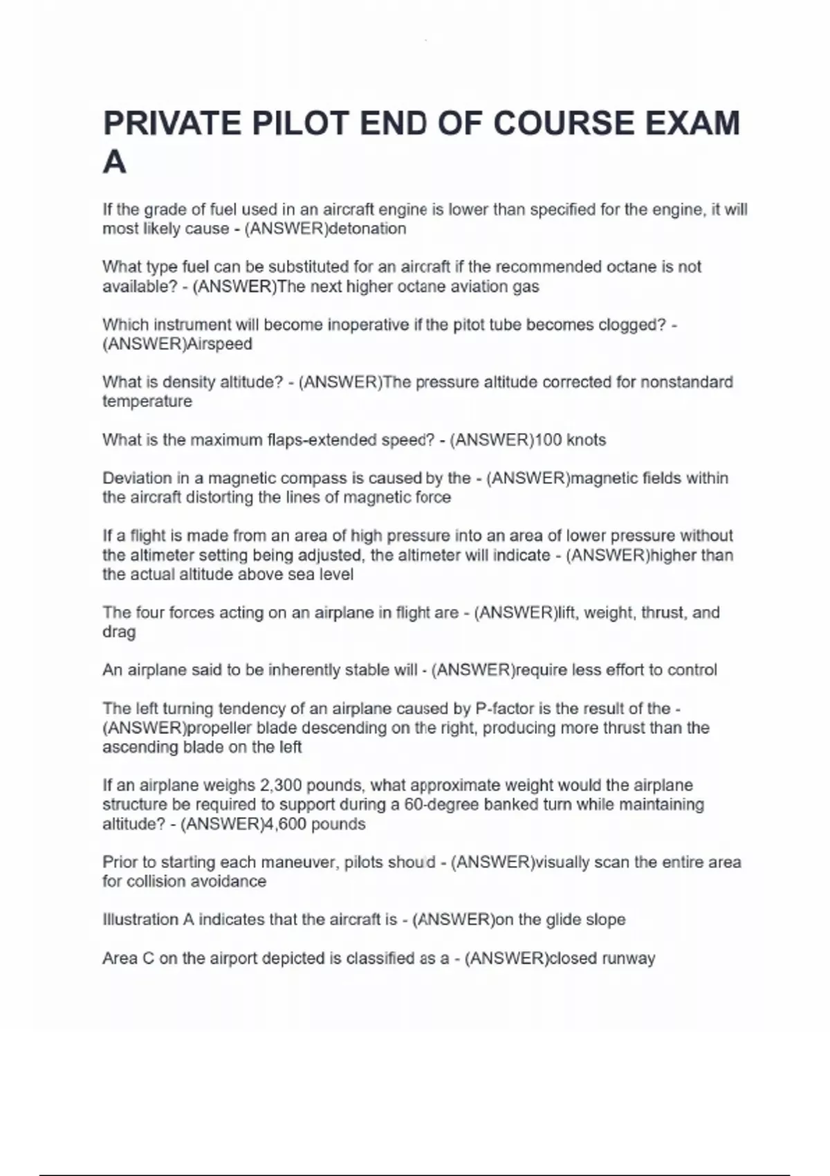 PRIVATE PILOT END OF COURSE EXAM A - Jeppesen Private Pilot - Stuvia US