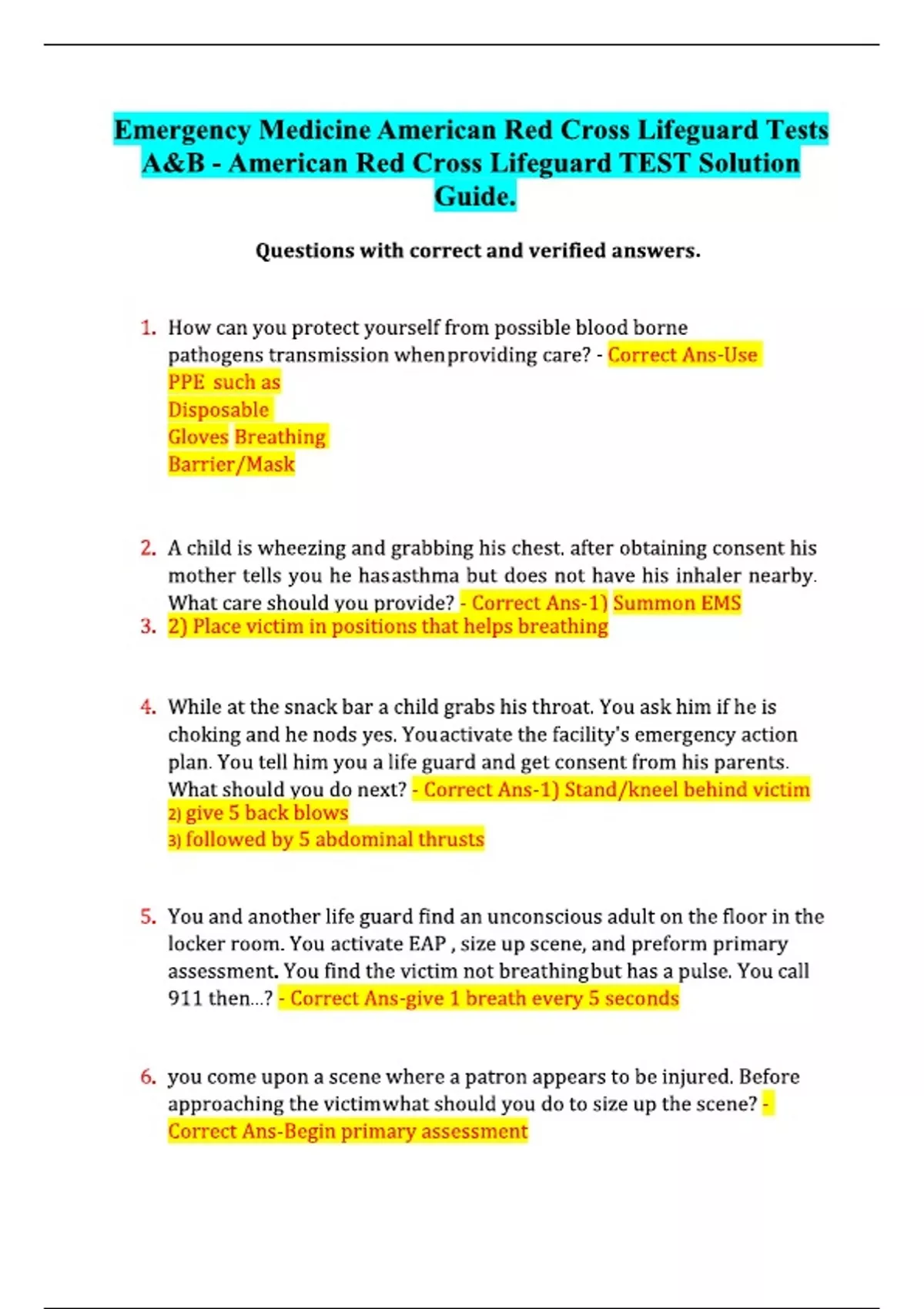 Emergency Medicine American Red Cross Lifeguard Tests A&B - American ...