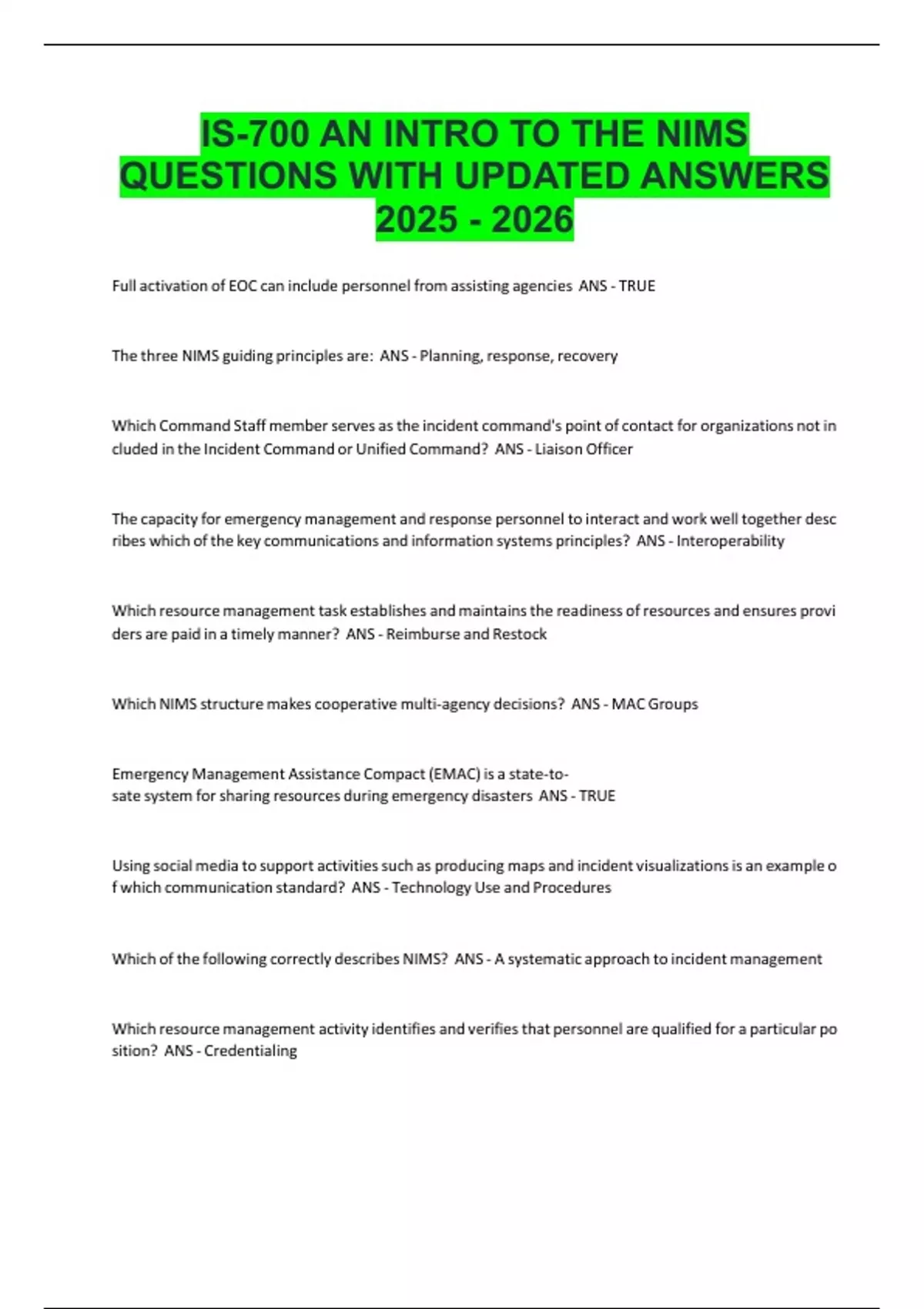 IS-700 AN INTRO TO THE NIMS QUESTIONS WITH UPDATED ANSWERS - FEMA IS ...