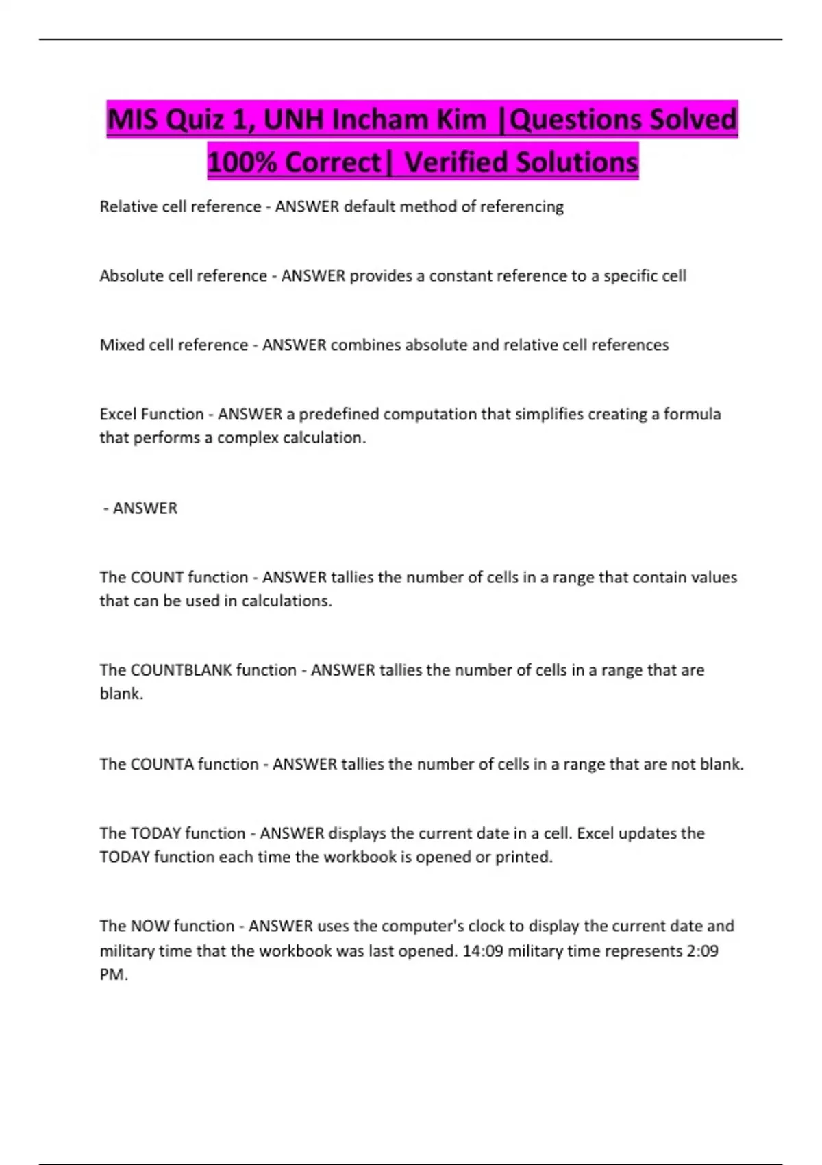 MIS Quiz 1, UNH Incham Kim |Questions Solved 100% Correct| Verified ...