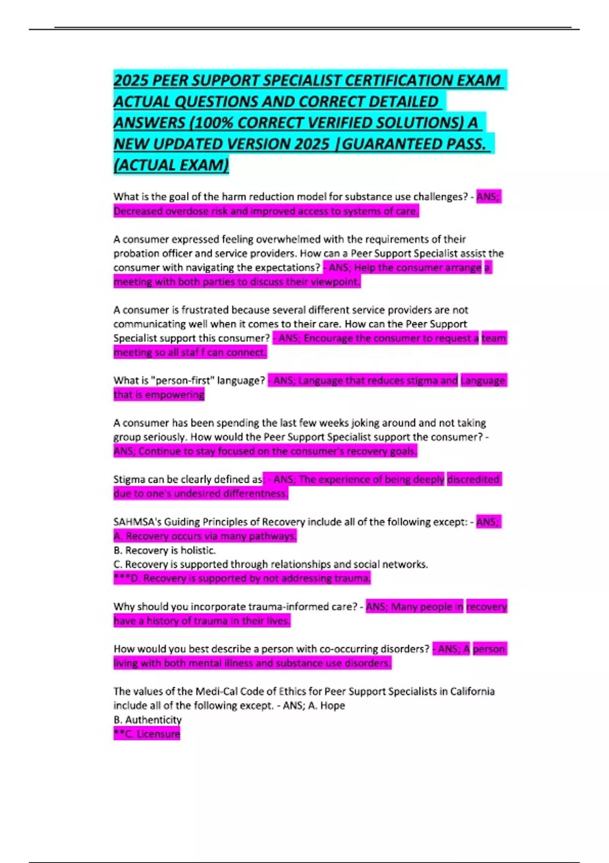 2025 PEER SUPPORT SPECIALIST CERTIFICATION EXAM ACTUAL QUESTIONS AND ...