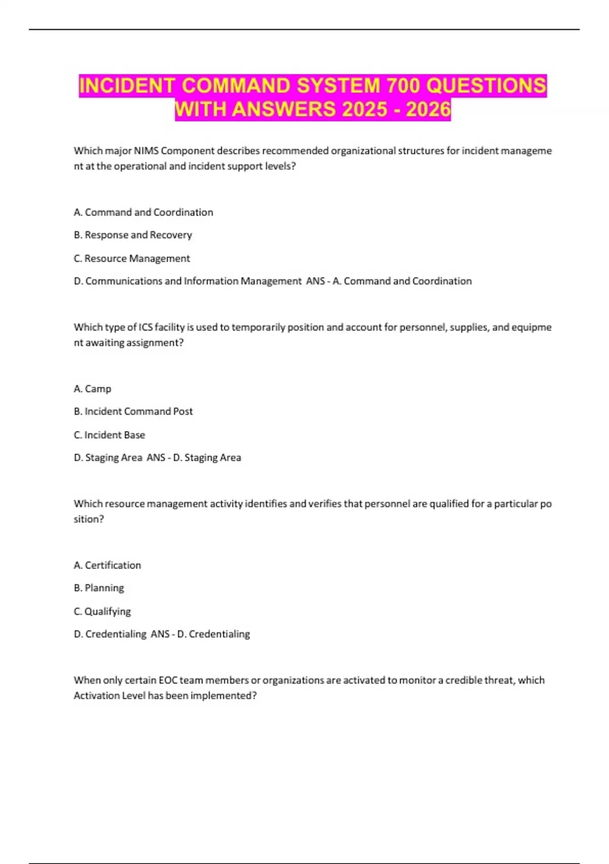 INCIDENT COMMAND SYSTEM 700 QUESTIONS WITH ANSWERS - FEMA IS 700.B ...