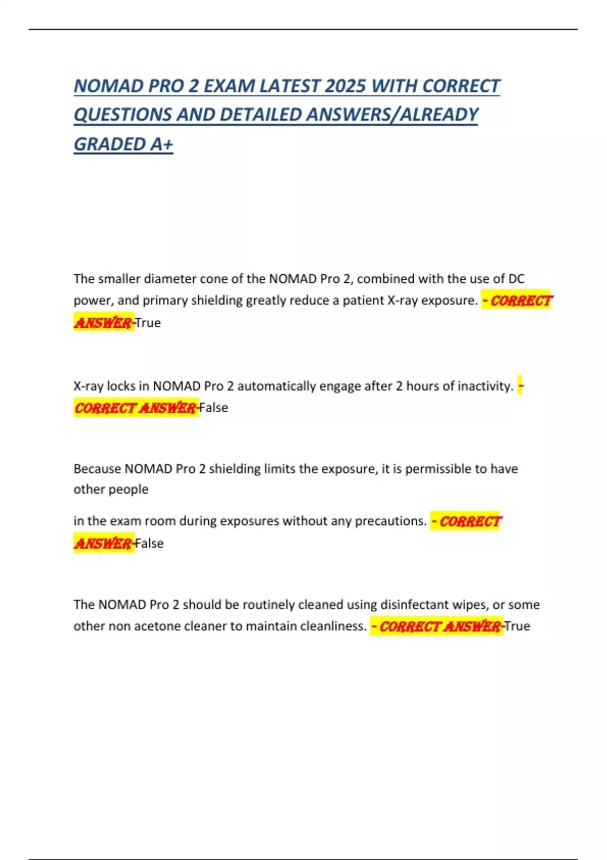 NOMAD PRO 2 EXAM LATEST 2025 WITH CORRECT QUESTIONS AND DETAILED ...