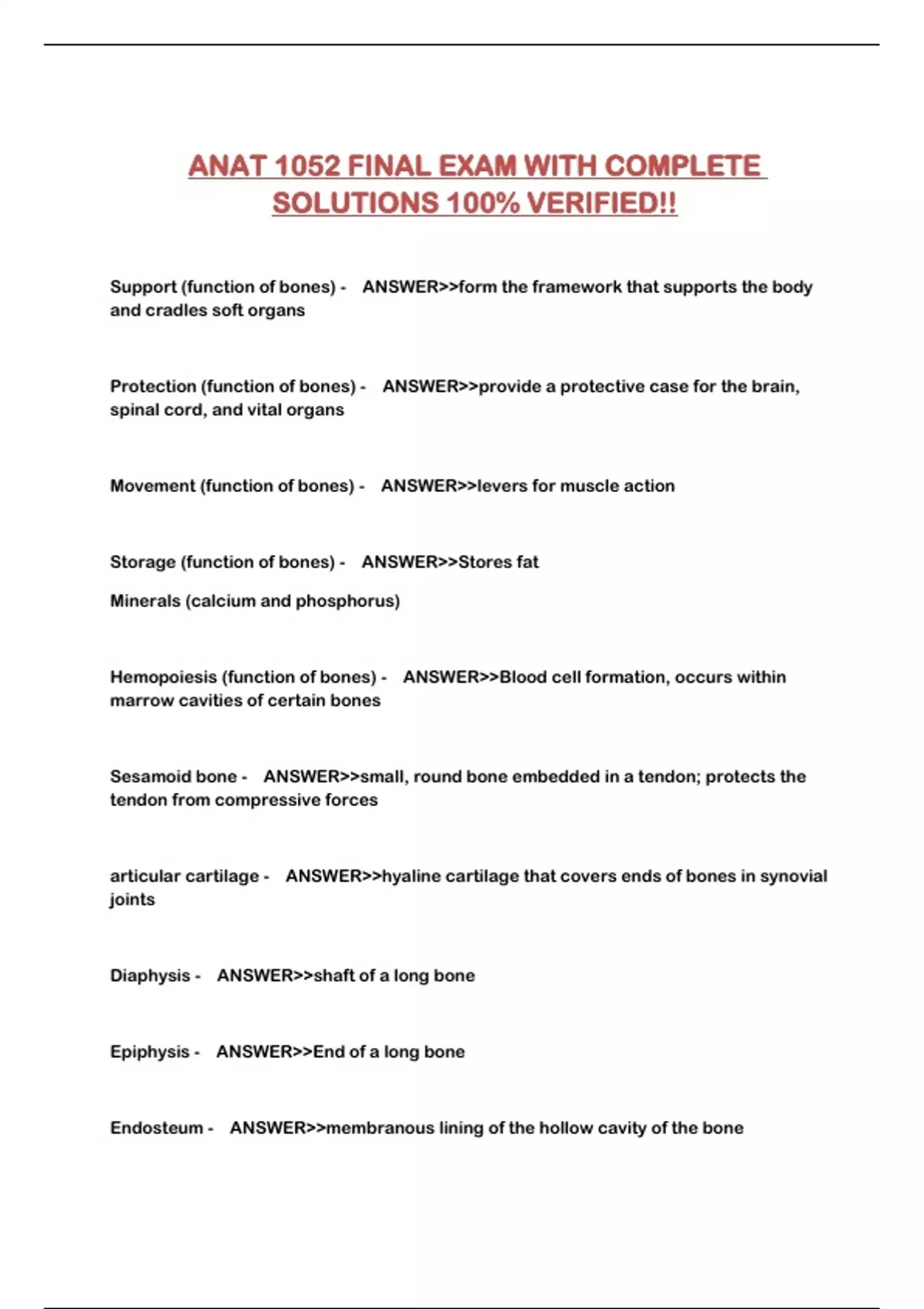 ANAT 1052 FINAL EXAM WITH COMPLETE SOLUTIONS 100% VERIFIED!! - ANAT 1052 - Stuvia US