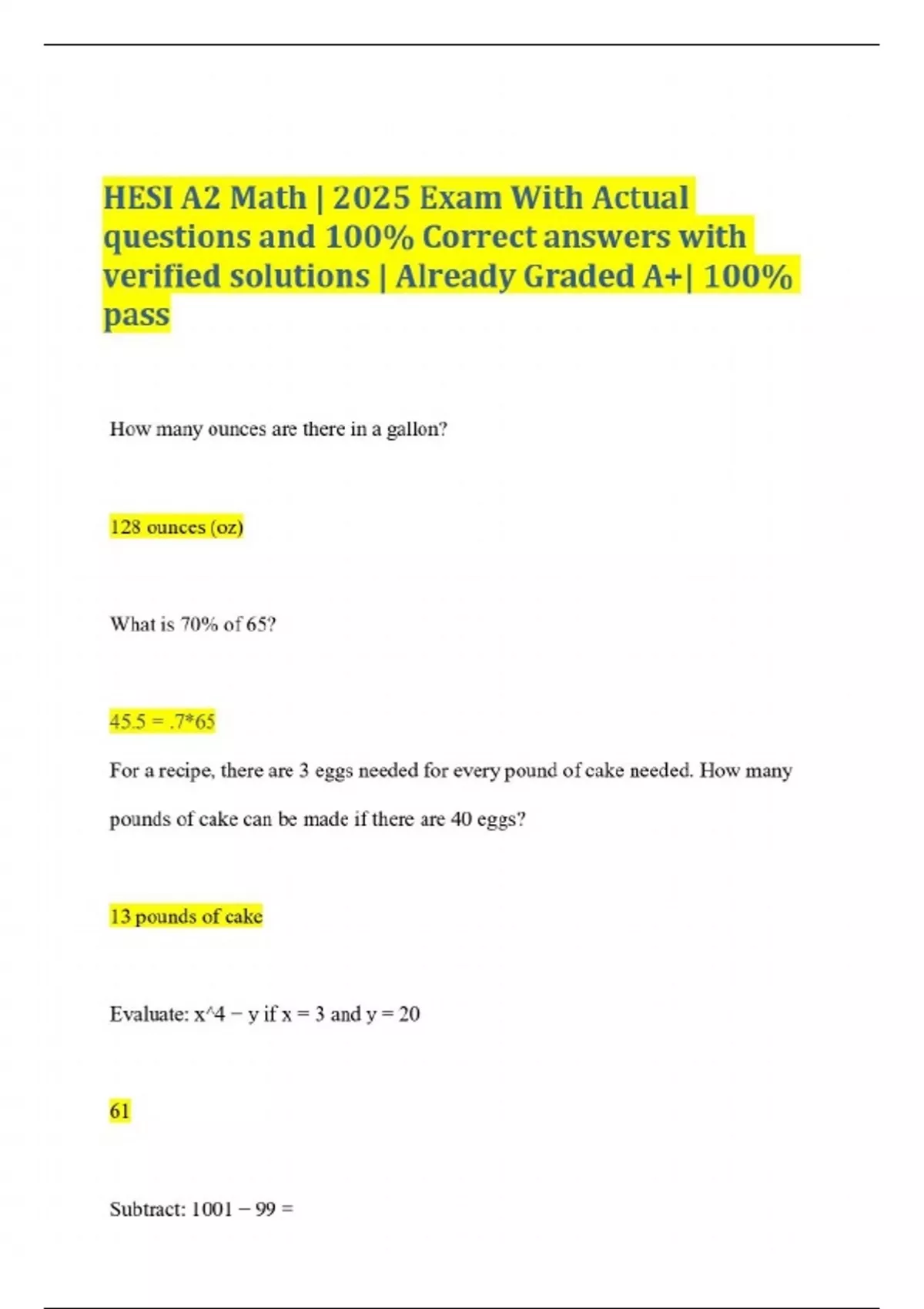 HESI A2 Math | 2025 Exam With Actual questions and 100% Correct answers ...