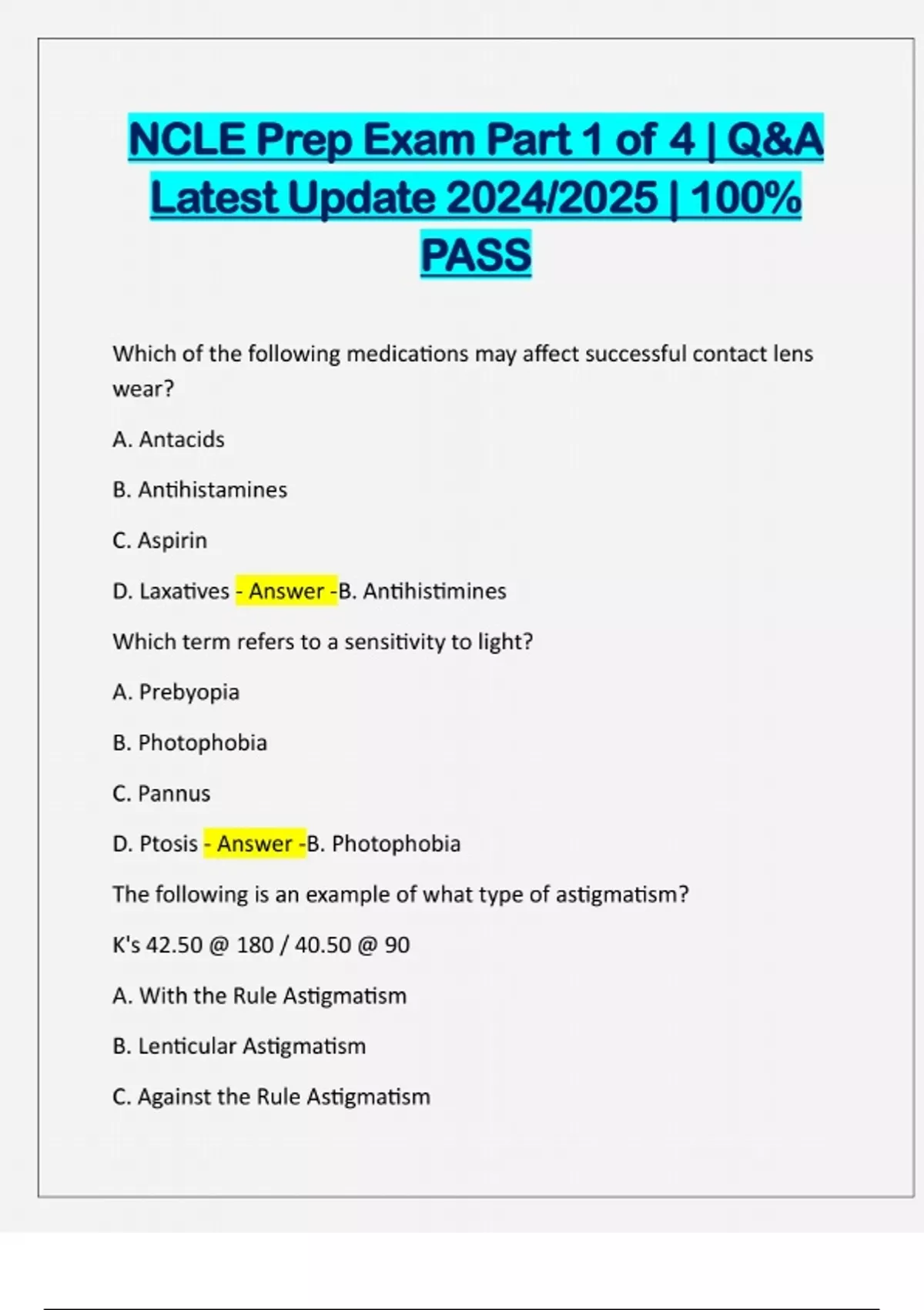 NCLE Prep Exam Part 1 of 4 | Q&A Latest Update 2024/2025 | 100% PASS ...