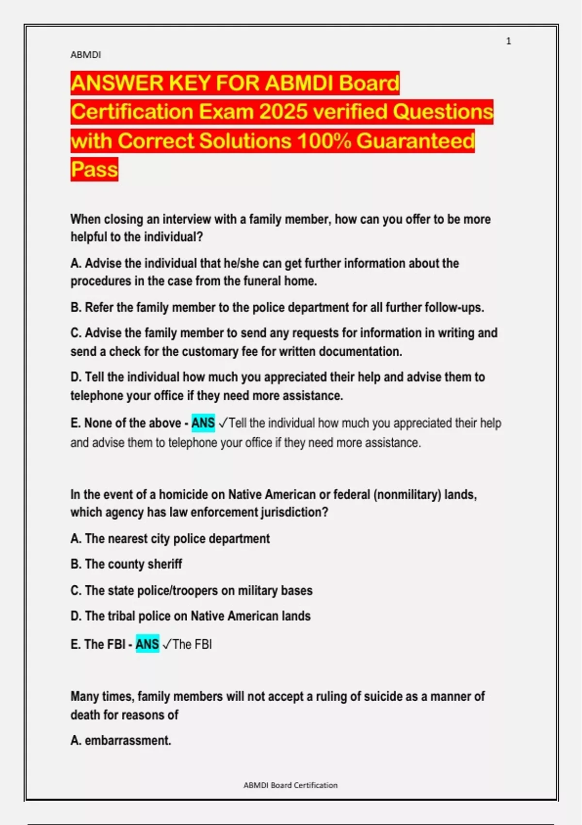ANSWER KEY FOR ABMDI Board Certification Exam 2025 verified Questions ...