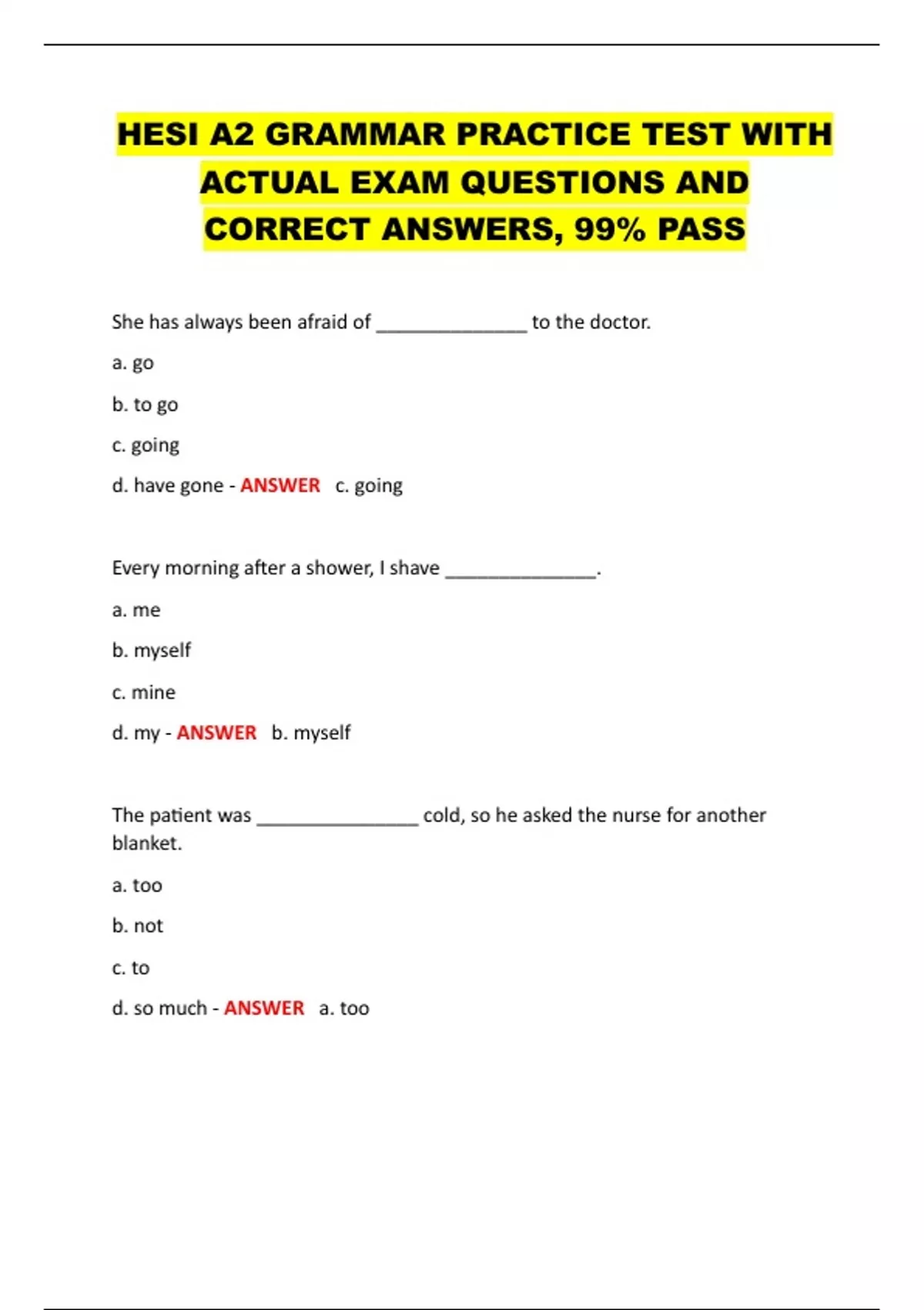 HESI A2 GRAMMAR PRACTICE TEST WITH ACTUAL EXAM QUESTIONS AND CORRECT ...