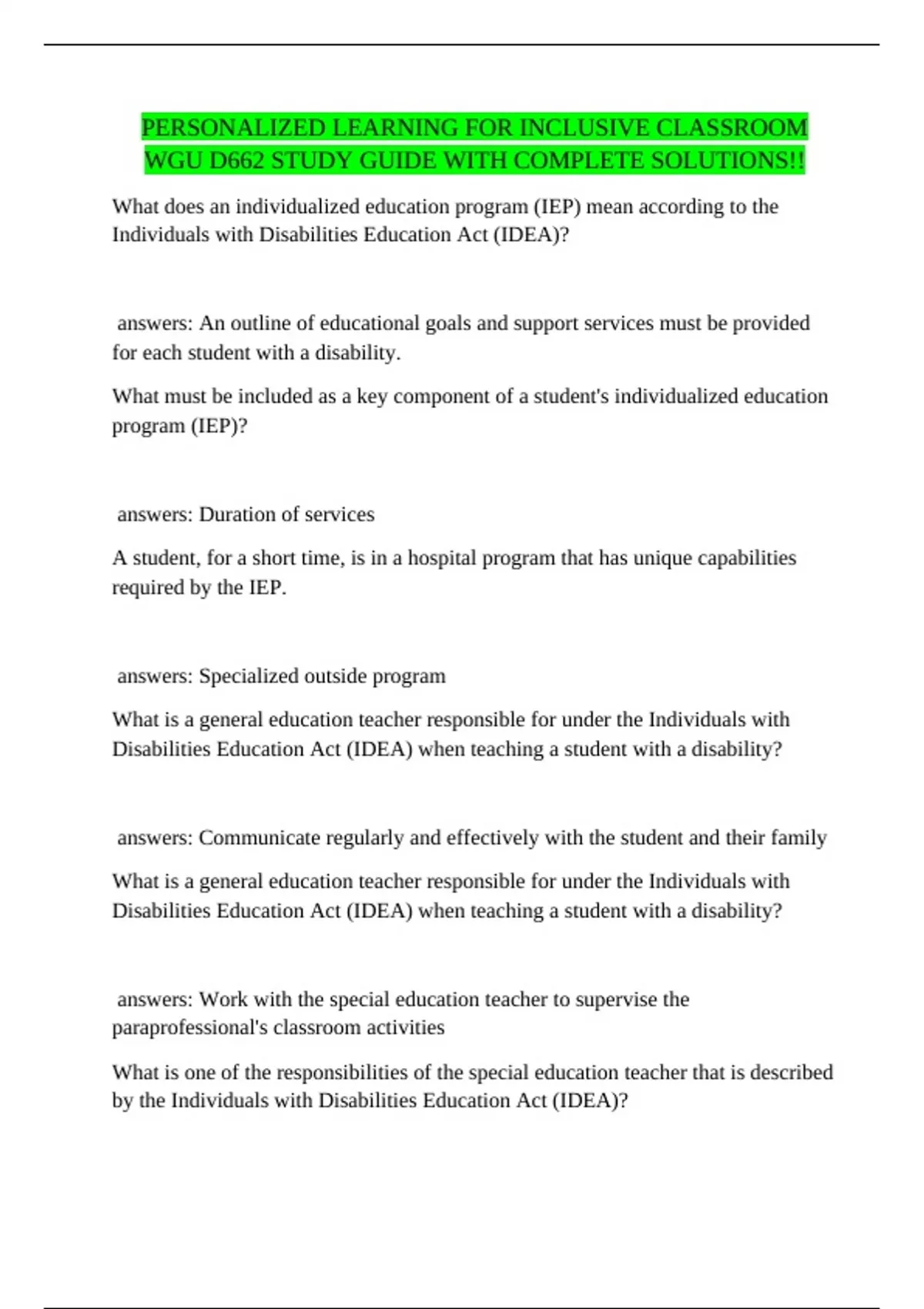 PERSONALIZED LEARNING FOR INCLUSIVE CLASSROOM WGU D662 STUDY GUIDE WITH ...