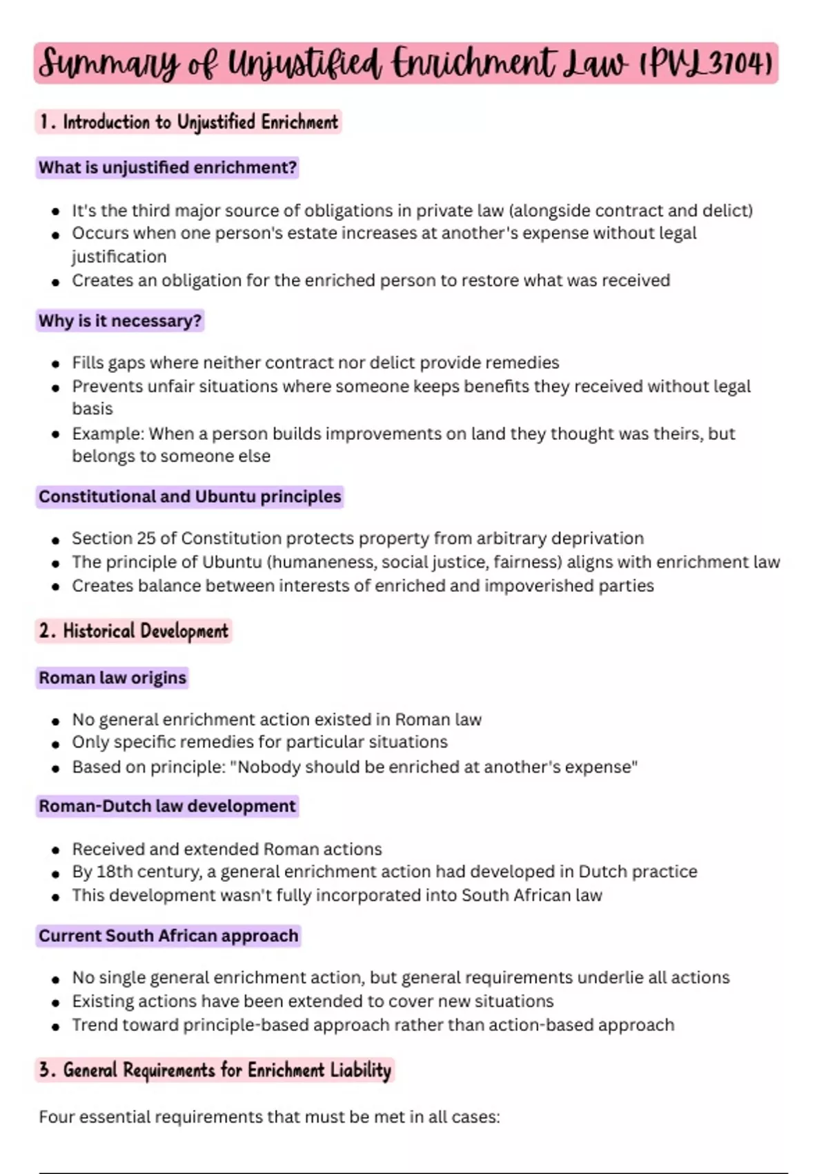 Summary of Unjustified Enrichment Law PVL3704 - Unjustified Enrichment ...