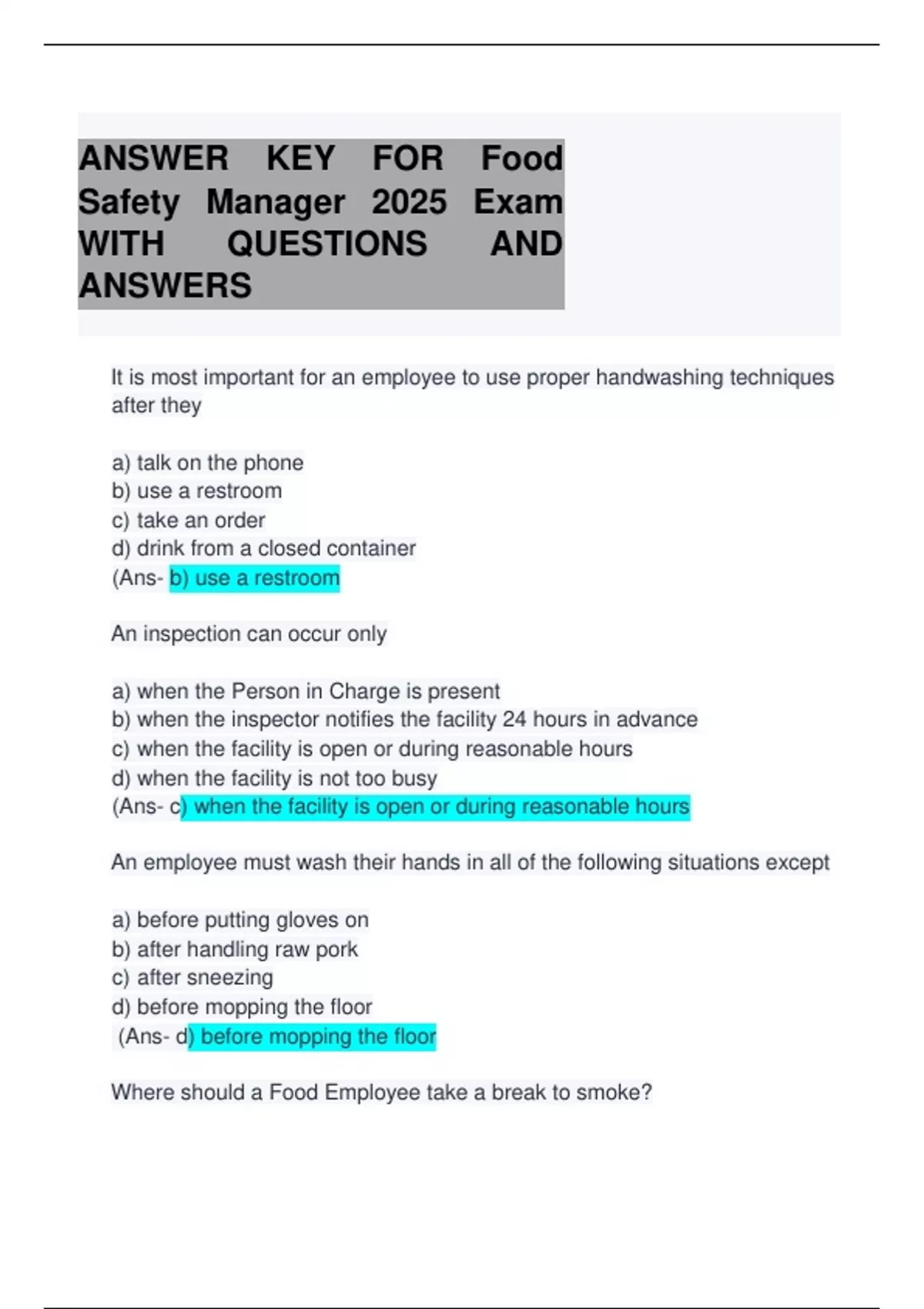 ANSWER KEY FOR Food Safety Manager 2025 Exam WITH QUESTIONS AND ANSWERS ...