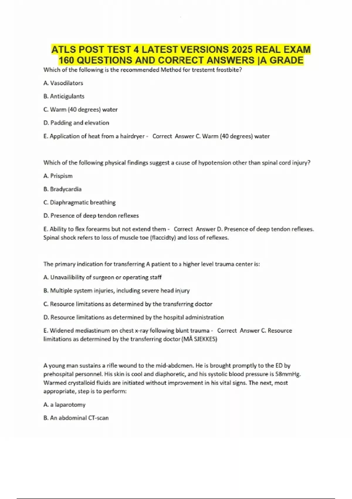 ATLS POST TEST 4 LATEST VERSIONS 2025 REAL EXAM 160 QUESTIONS AND ...