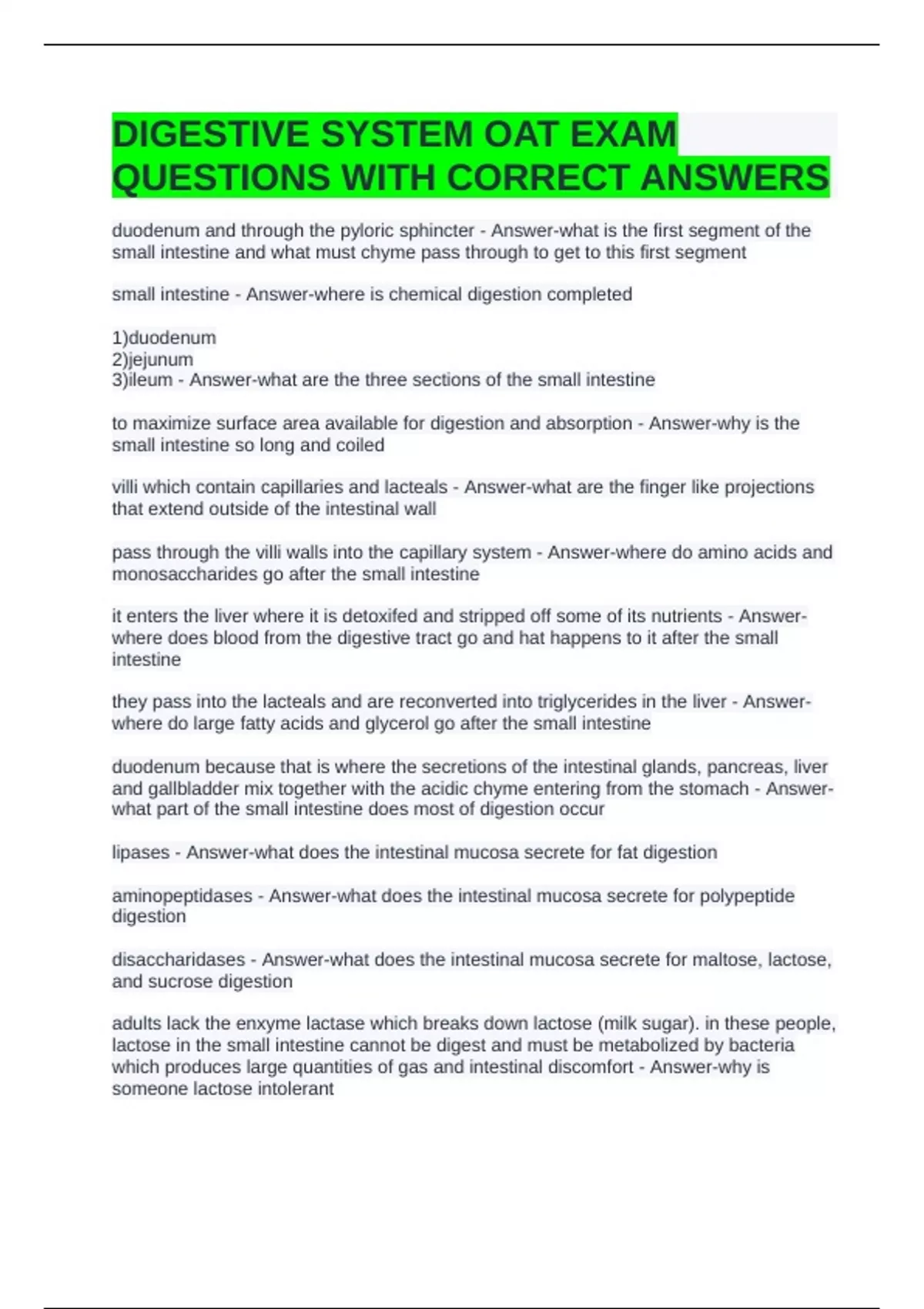 DIGESTIVE SYSTEM OAT EXAM QUESTIONS WITH CORRECT ANSWERS - OAT - Stuvia US