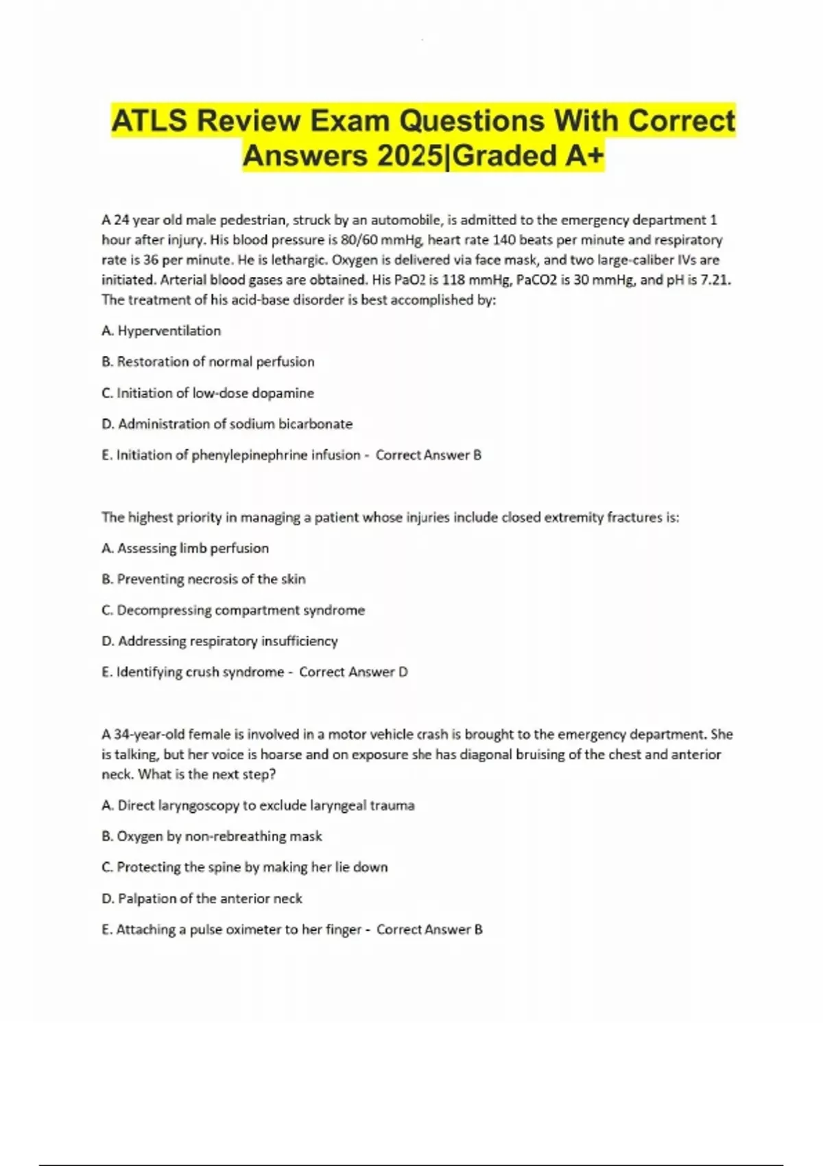 ATLS Review Exam Questions With Correct Answers 2025|Graded A+ - ATLS ...