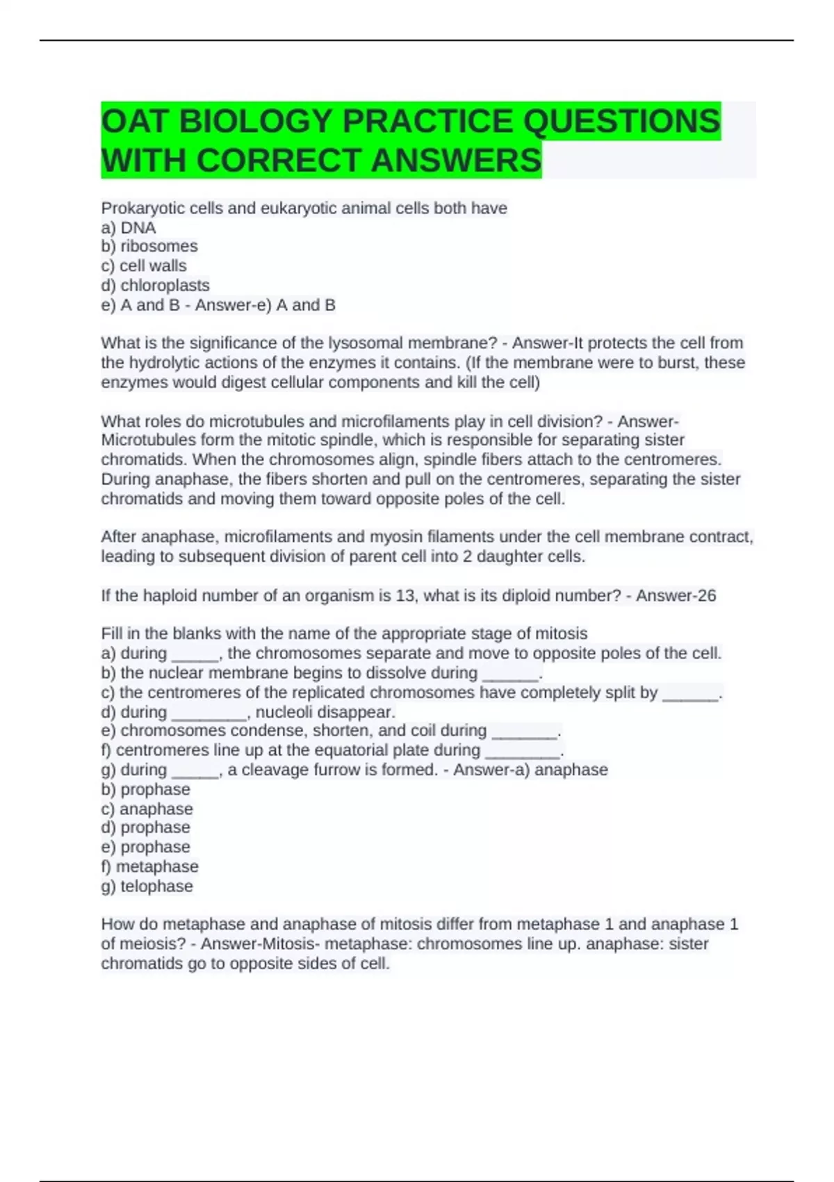 OAT BIOLOGY PRACTICE QUESTIONS WITH CORRECT ANSWERS - OAT - Stuvia US