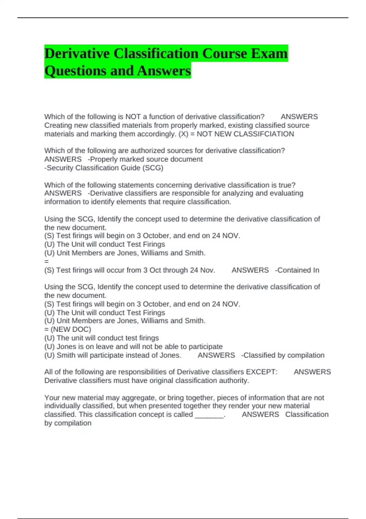 Derivative Classification Course Exam Questions And Answers Derivative Classification Stuvia Us