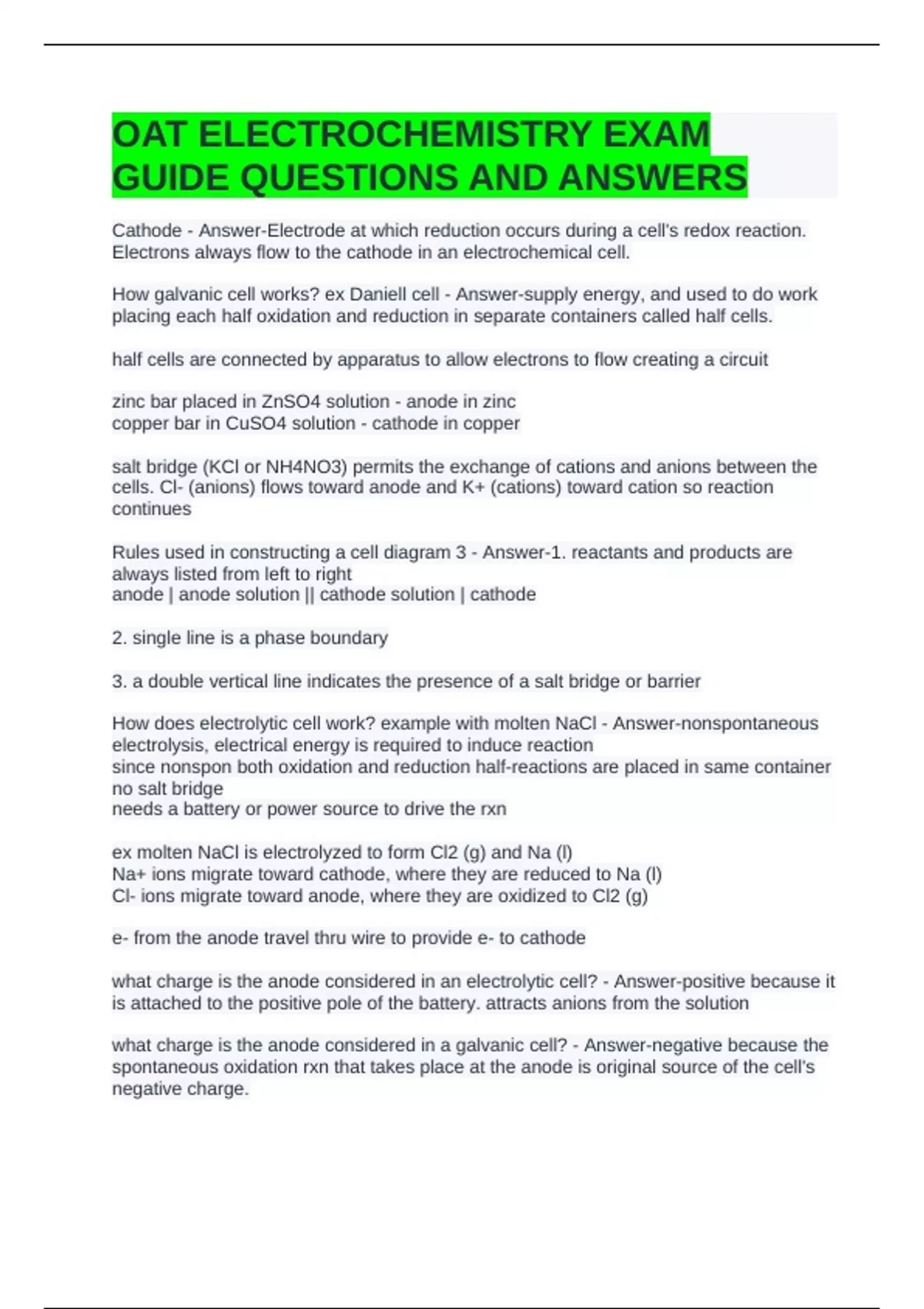 OAT ELECTROCHEMISTRY EXAM GUIDE QUESTIONS AND ANSWERS - OAT - Stuvia US