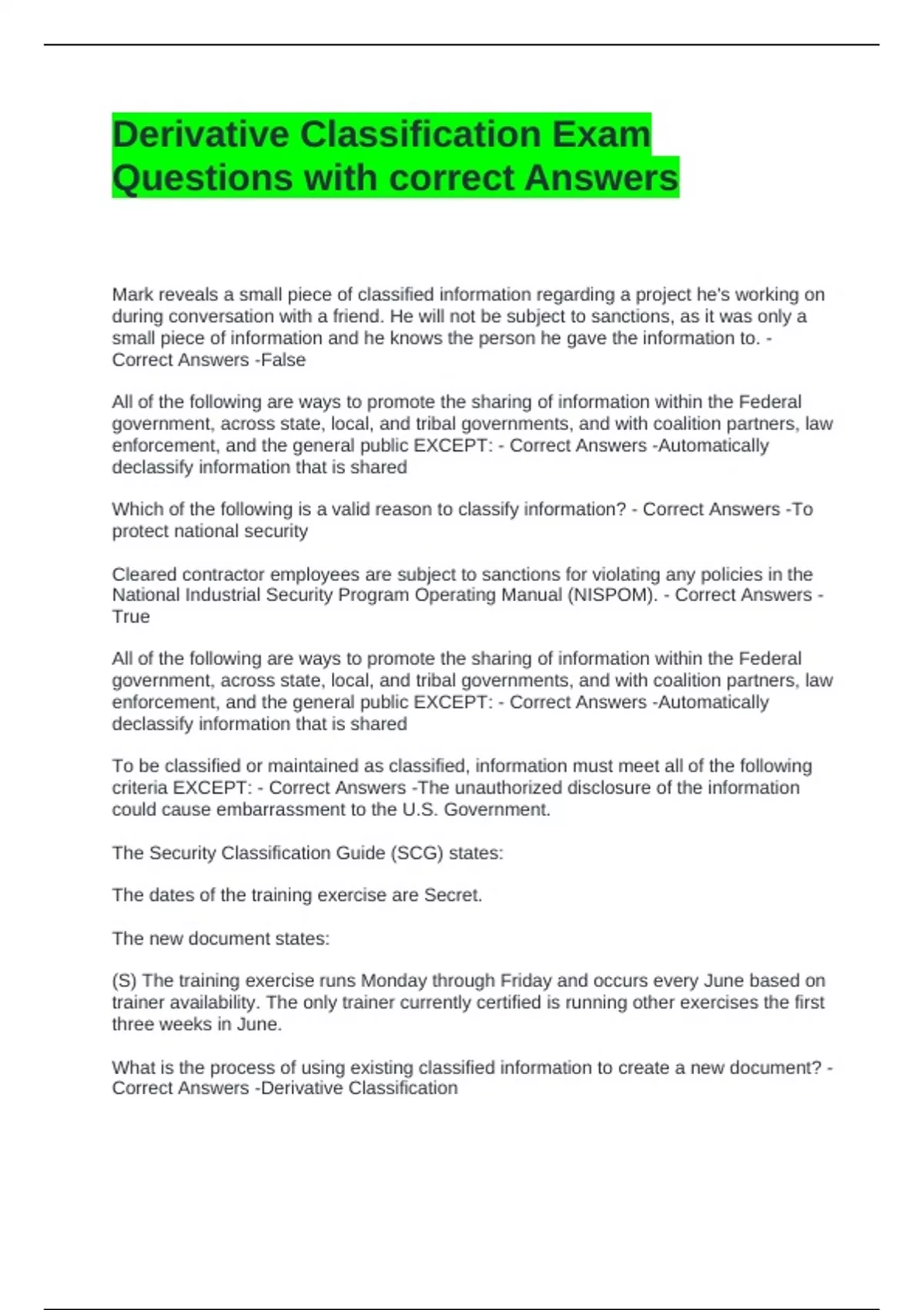 Derivative Classification Exam Questions With Correct Answers 100 Derivative Classification