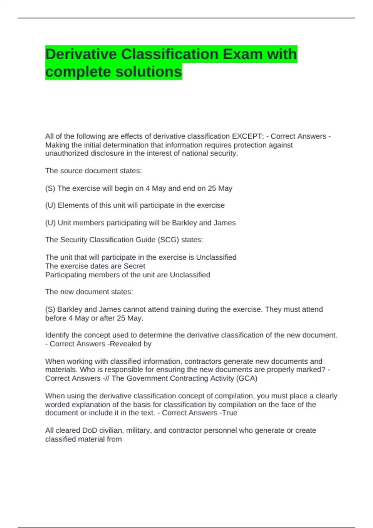 Derivative Classification Exam With Complete Solutions Derivative Classification Stuvia Us