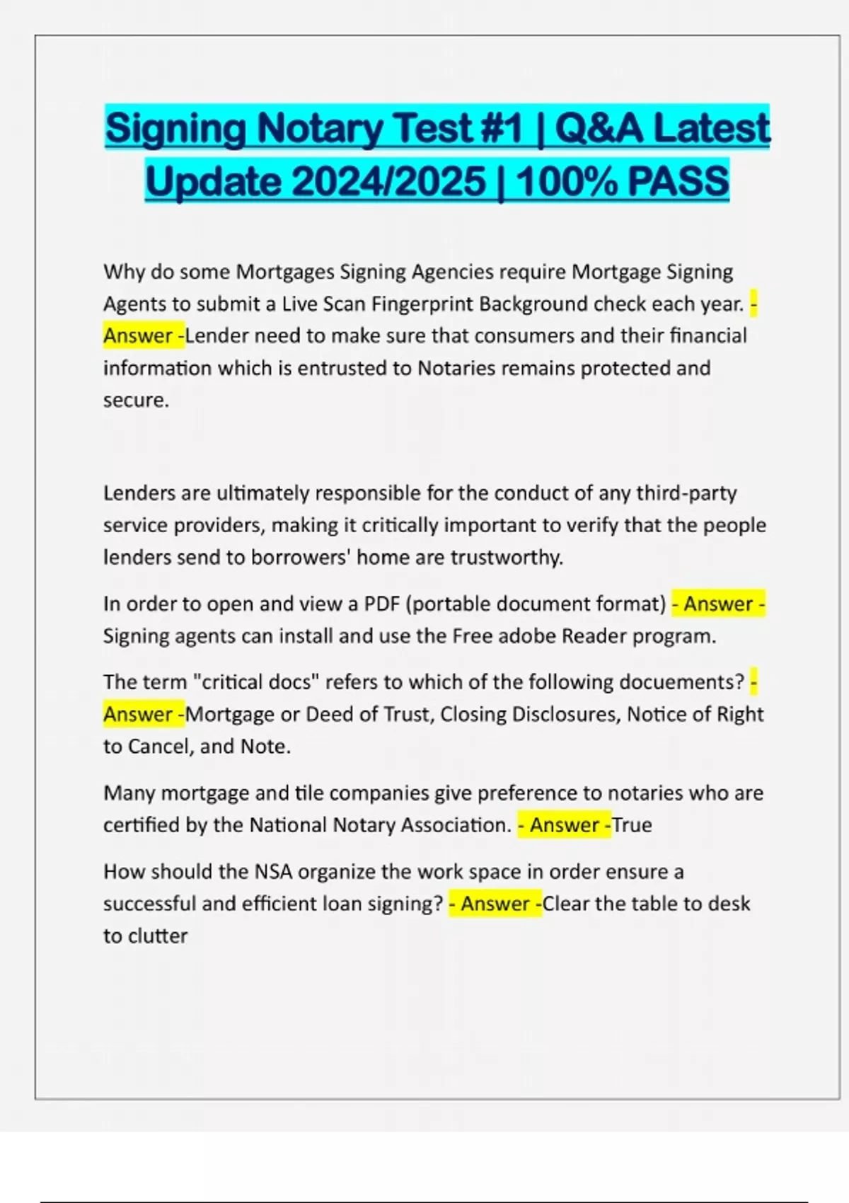 Signing Notary Test #1 | Q&A Latest Update 2024/2025 | 100% PASS - Loan ...