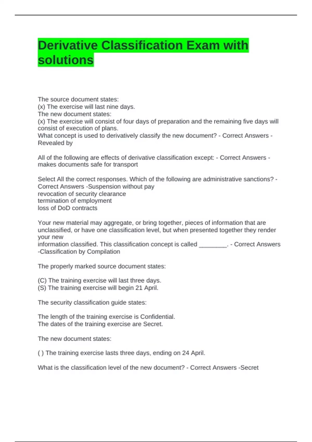 Derivative Classification Exam With Solutions Derivative Classification Stuvia Us