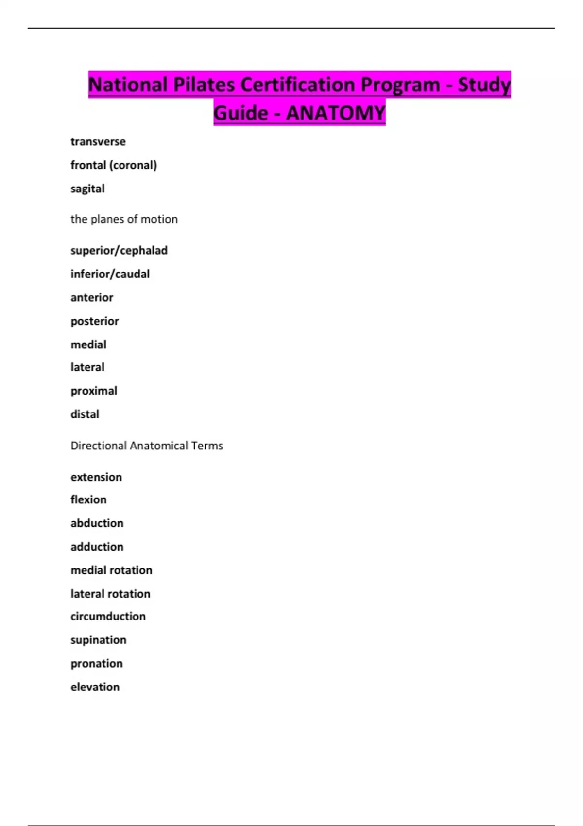 National Pilates Certification Program - Study Guide - ANATOMY ...