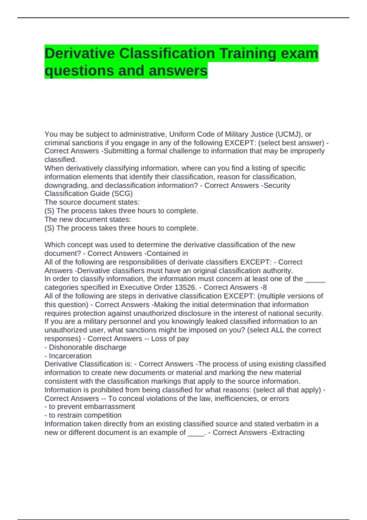 Derivative Classification Training Exam Questions And Answers 100 Correct Derivative