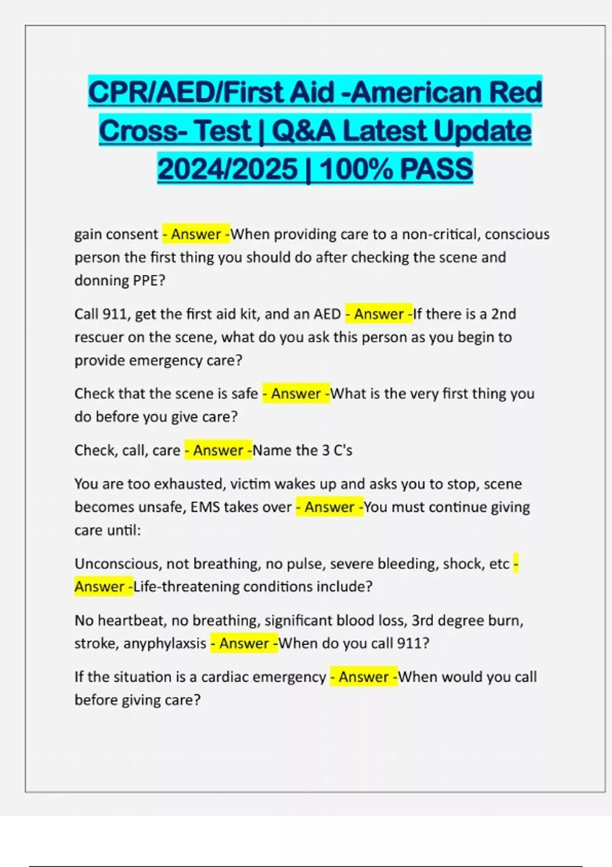 CPR/AED/First Aid -American Red Cross- Test | Q&A Latest Update 2024/ ...
