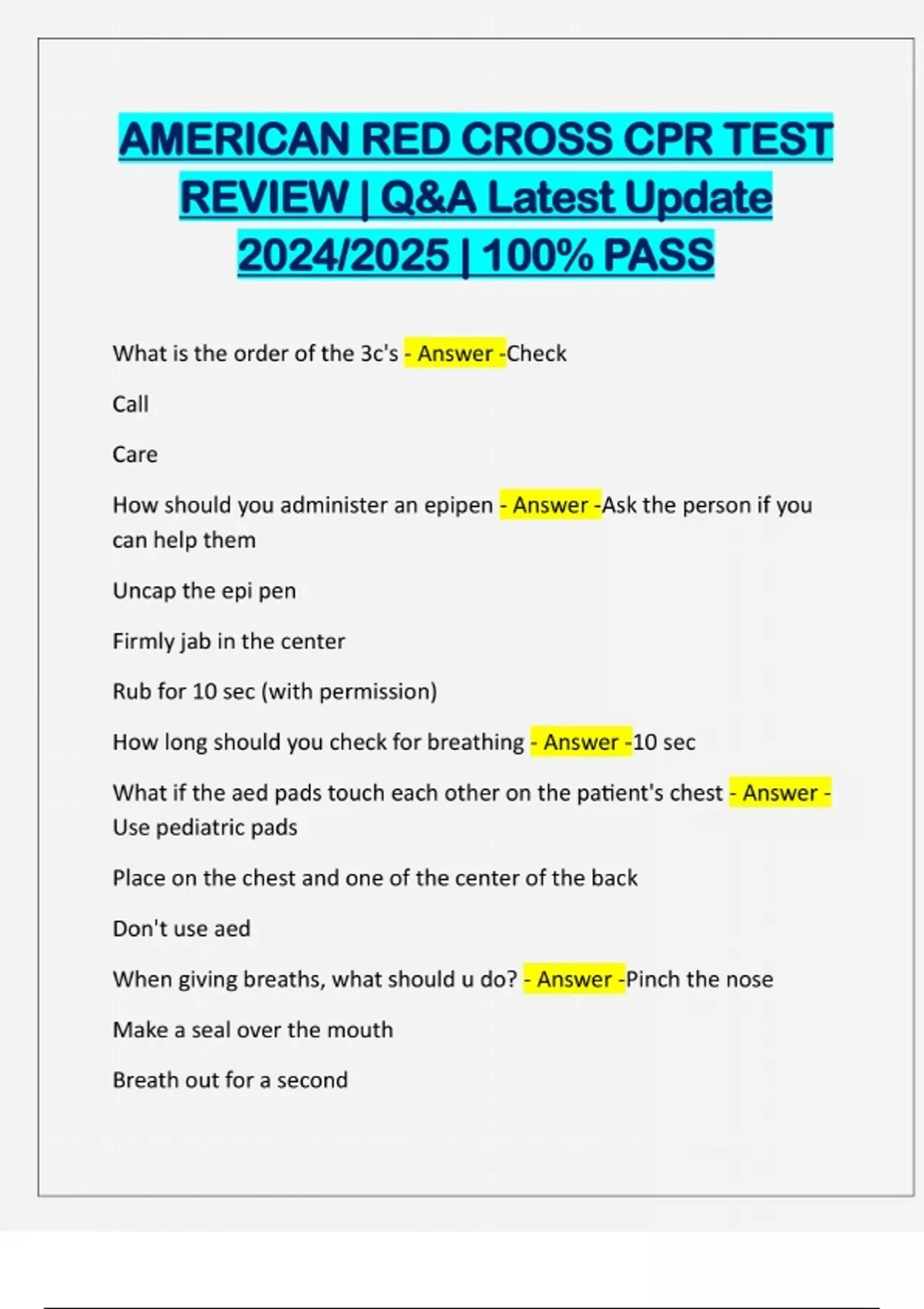 AMERICAN RED CROSS CPR TEST REVIEW | Q&A Latest Update 2024/2025 | 100% ...