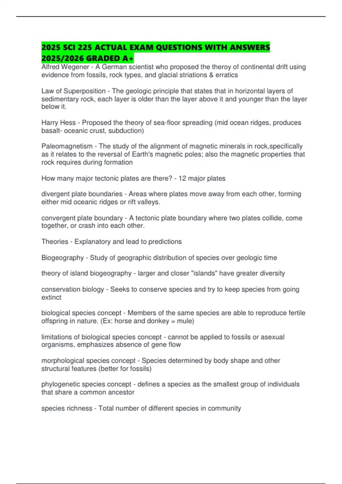 2025 SCI 225 ACTUAL EXAM QUESTIONS WITH ANSWERS 2025/2026 GRADED A+ ...